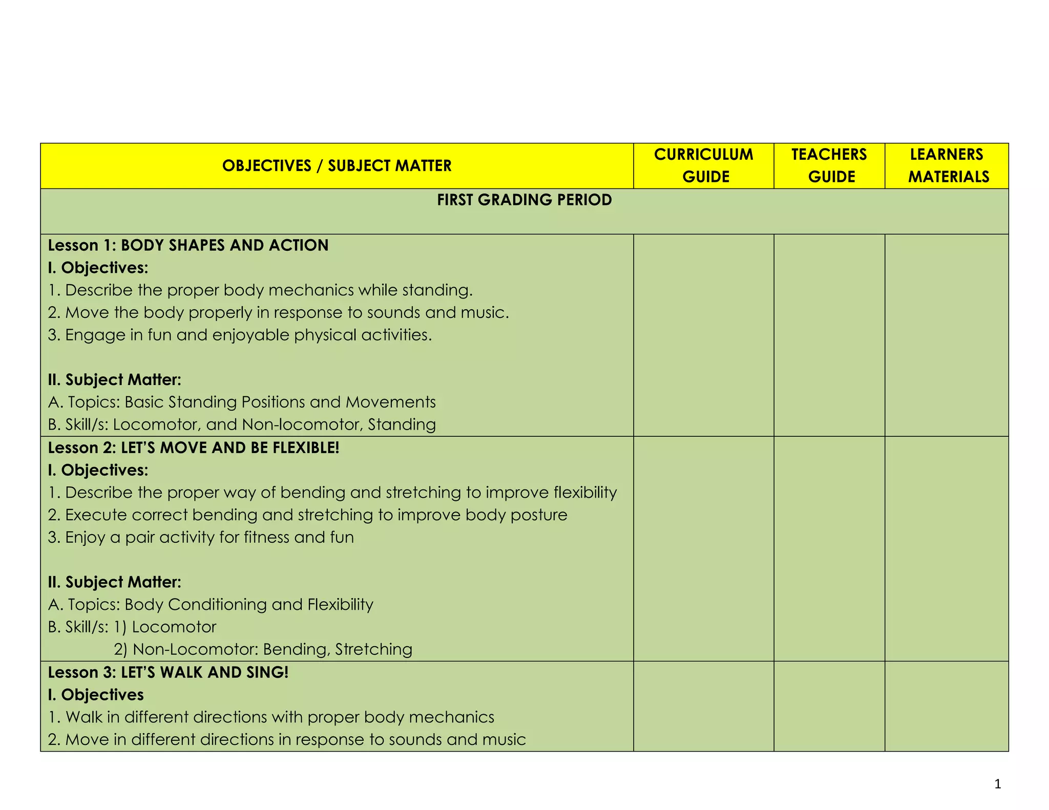 K to 12mapeh (pe) III complete objectives and subject matter | DOCX