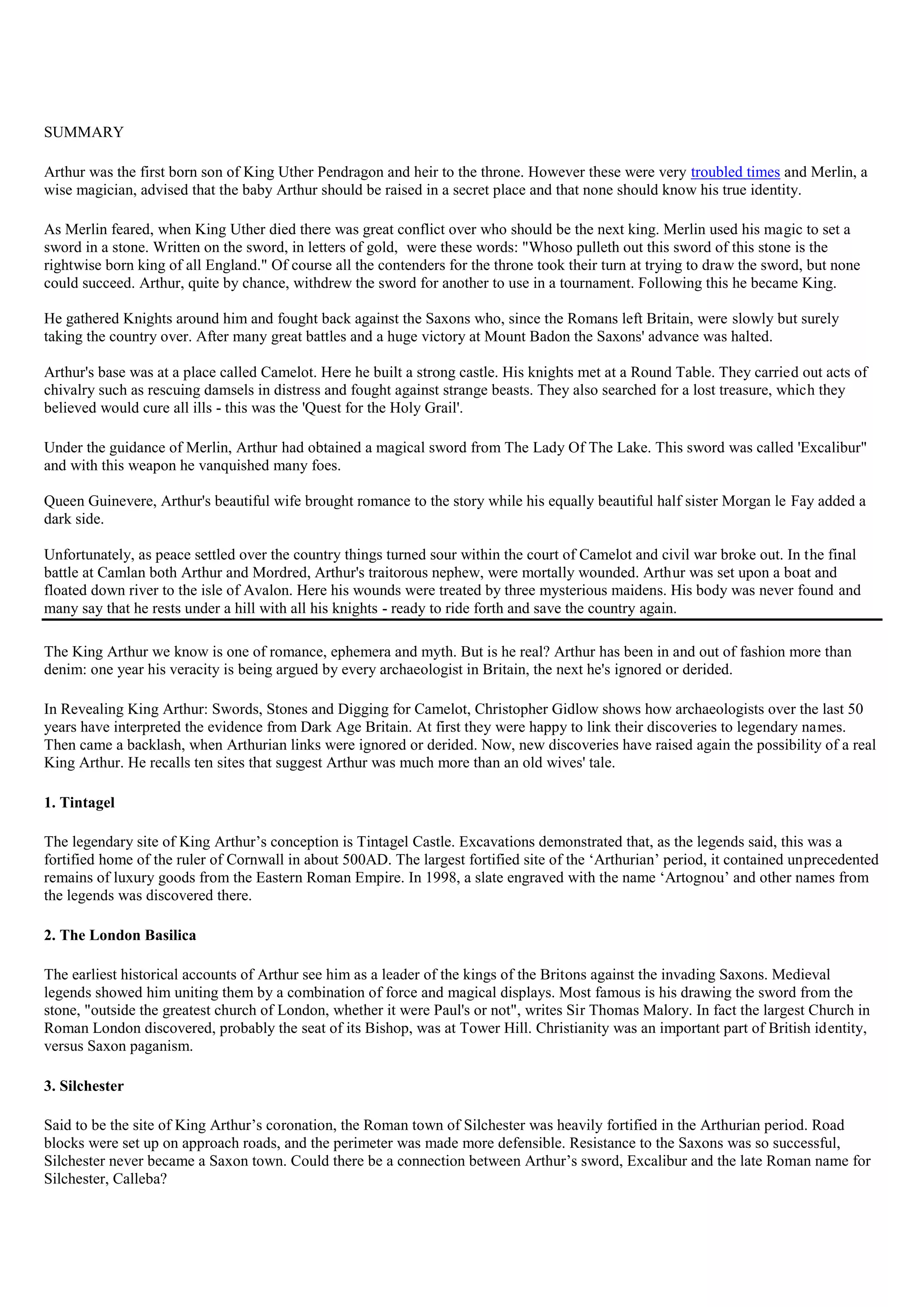 KING ARTHUR SUMMARY AND FACTS | DOCX