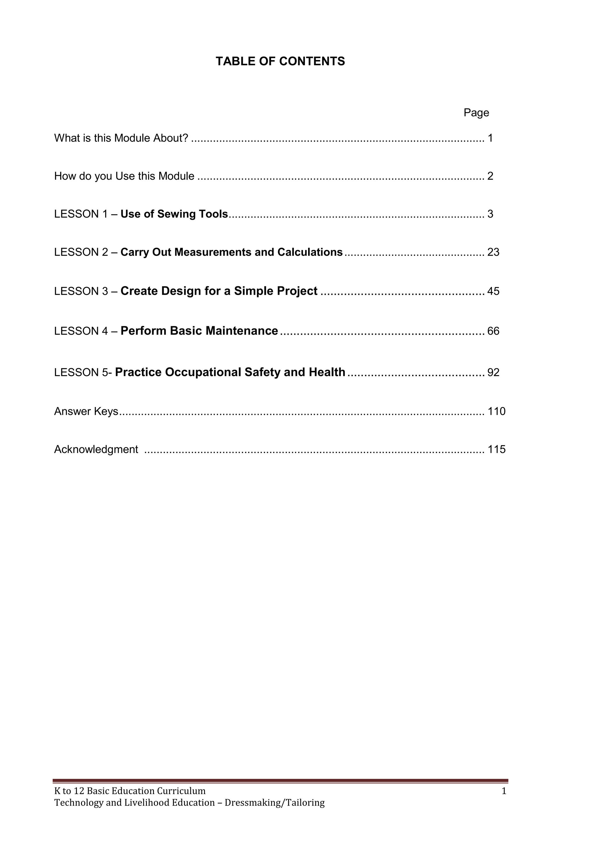 K to 12 dressmaking and tailoring learning modules | PDF