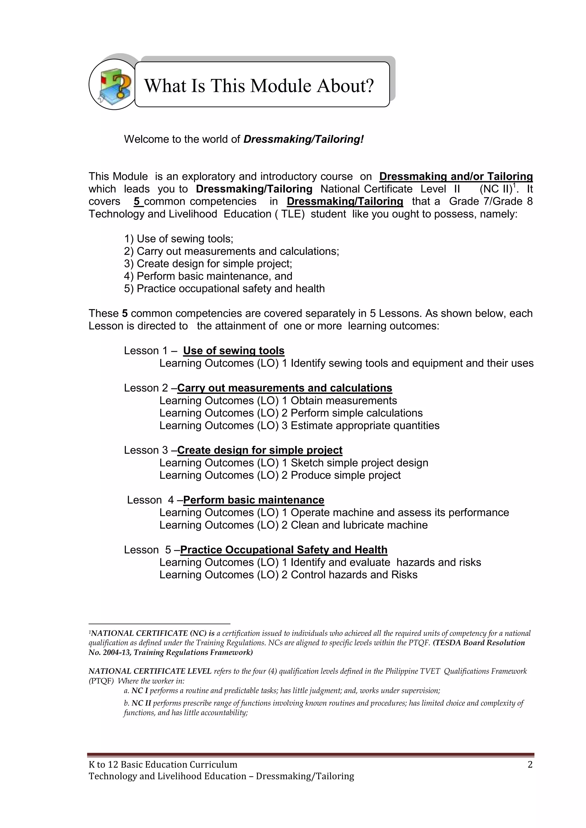 K to 12 dressmaking and tailoring learning modules | PDF