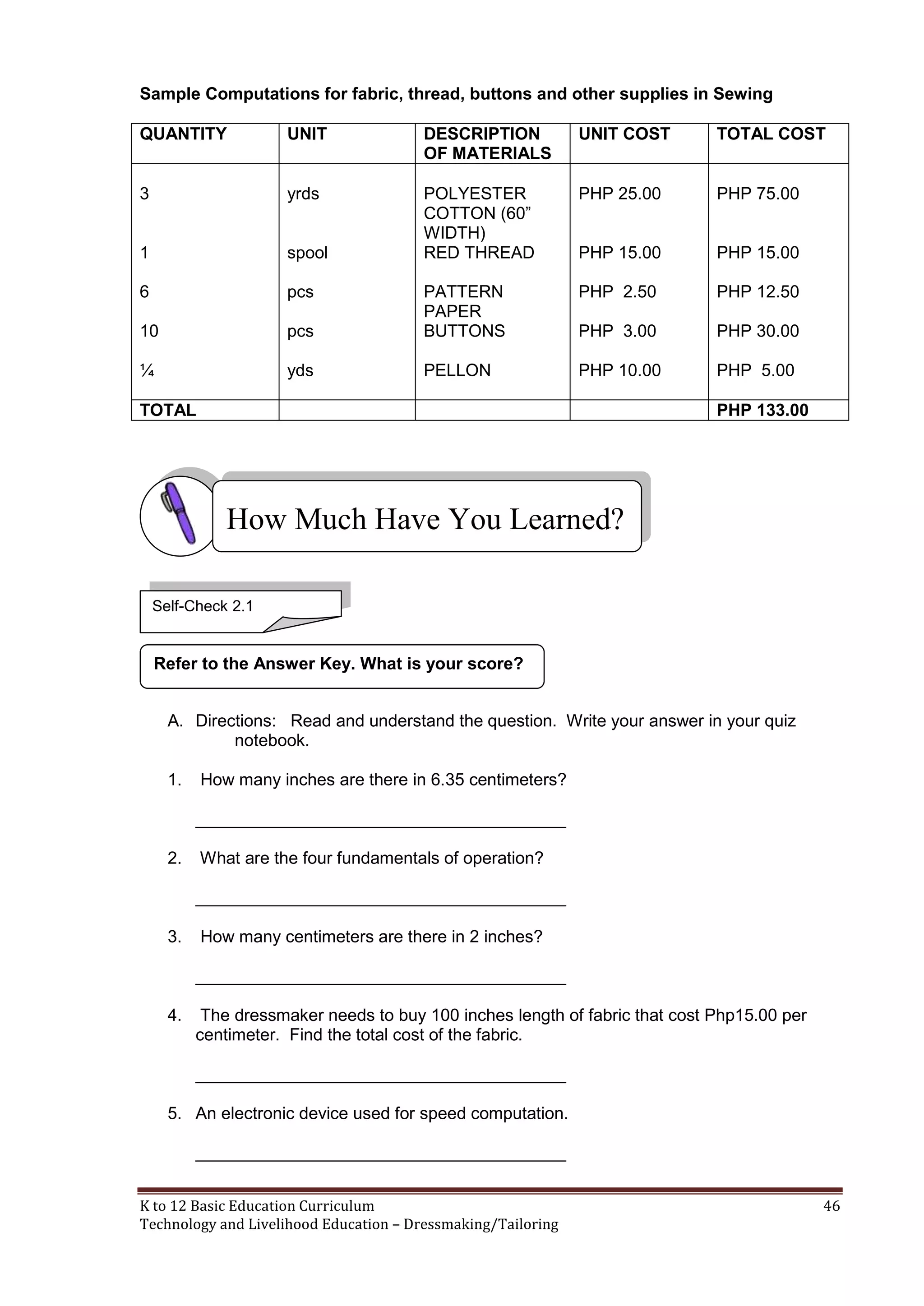 K to 12 dressmaking and tailoring learning modules | PDF