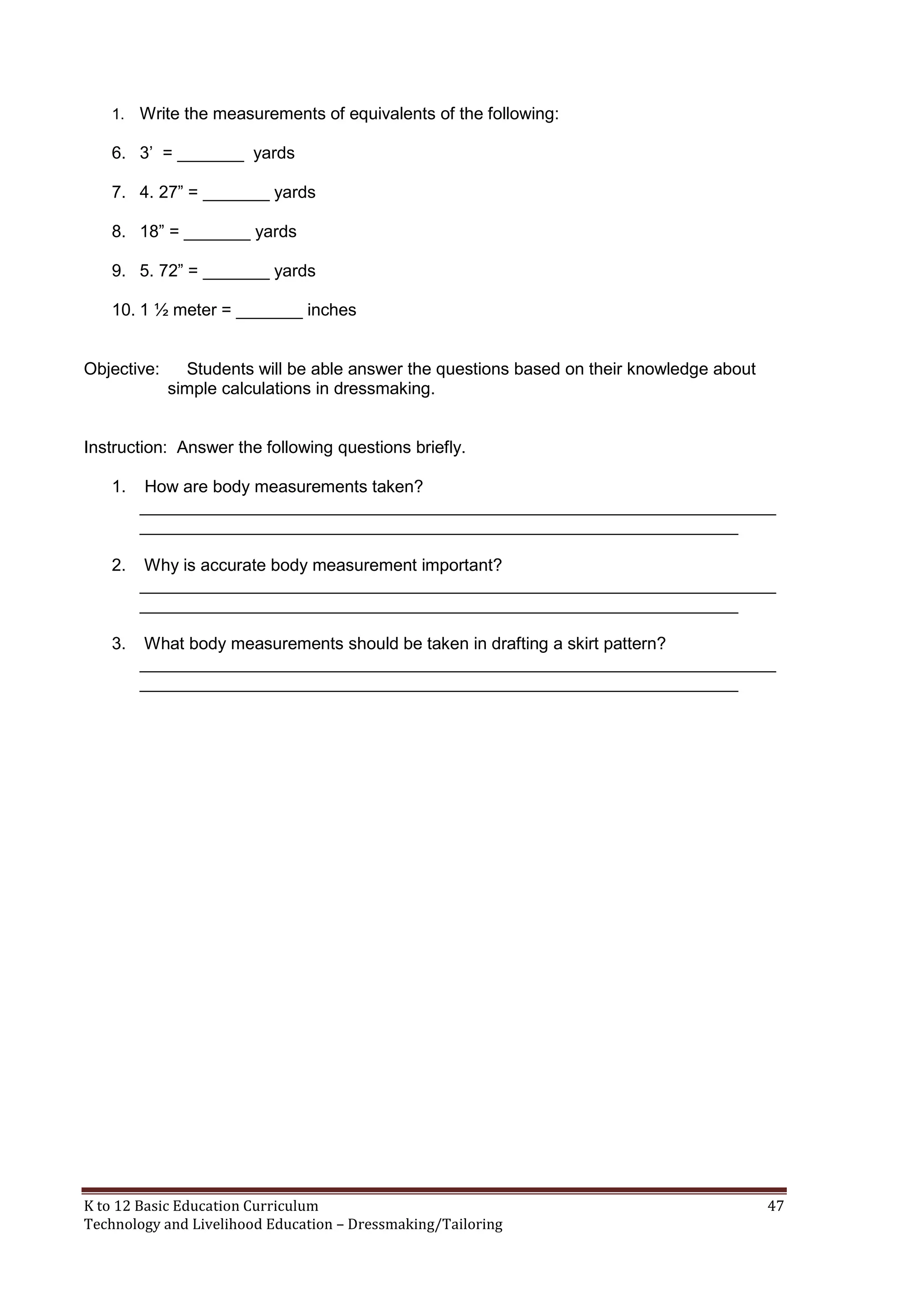 K to 12 dressmaking and tailoring learning modules | PDF