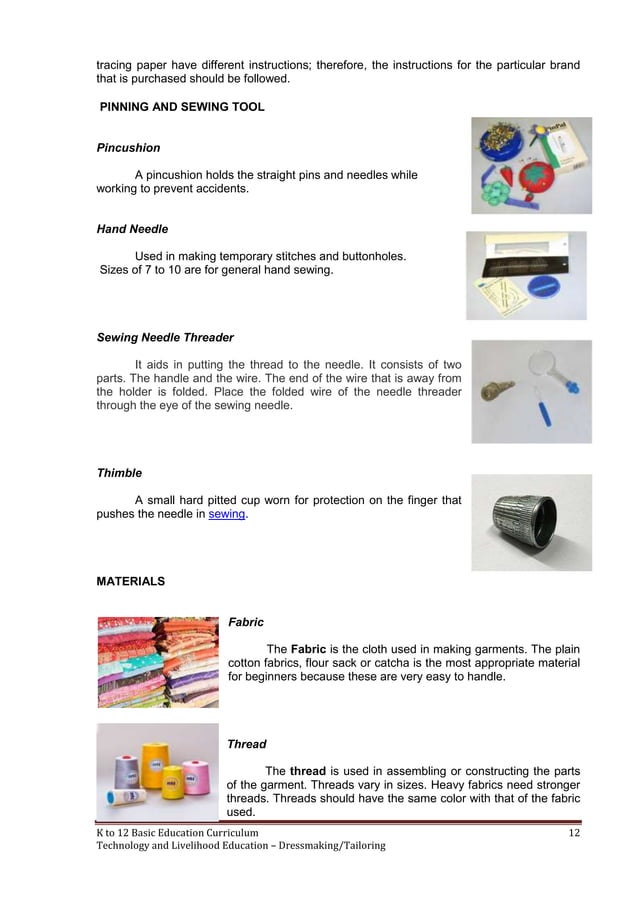 K to 12 dressmaking and tailoring learning modules | PDF | Needlework | Arts and Crafts