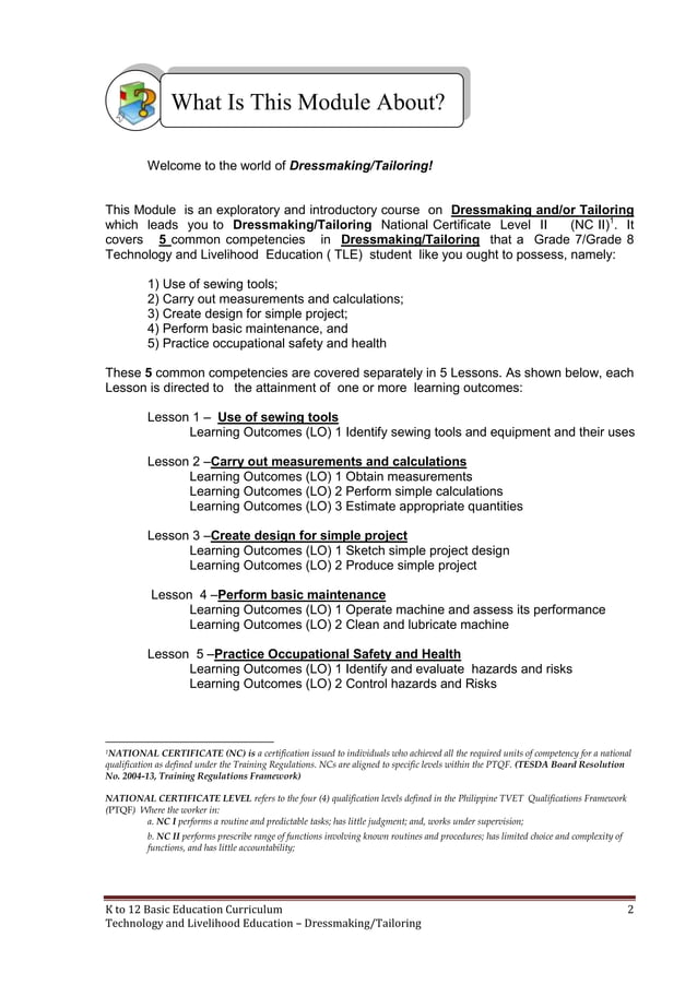 K to 12 dressmaking and tailoring learning modules | PDF | Needlework | Arts and Crafts