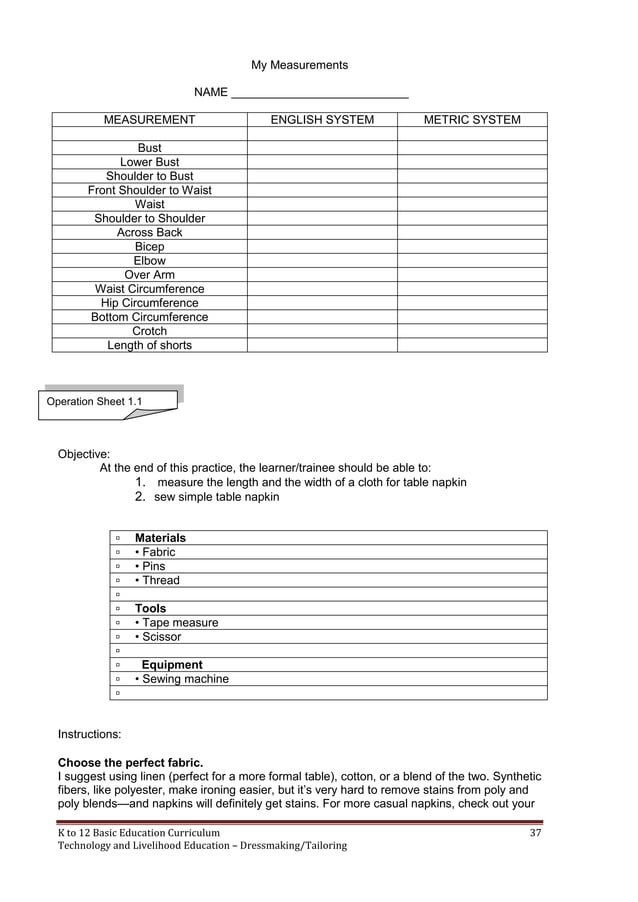 K to 12 dressmaking and tailoring learning modules | PDF | Needlework ...