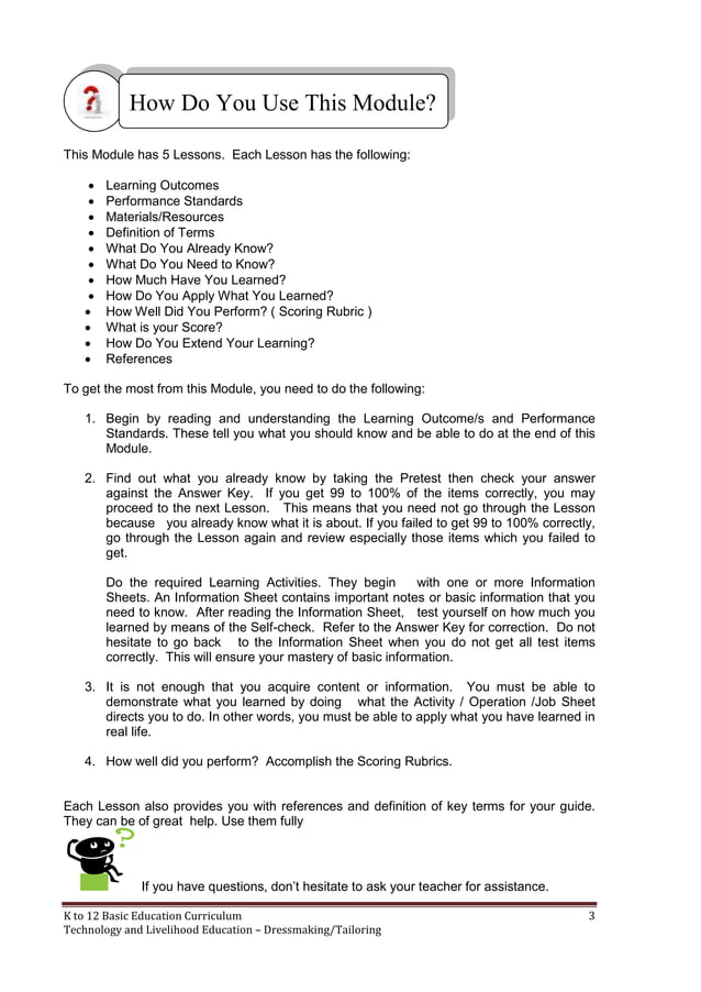 K to 12 dressmaking and tailoring learning modules | PDF | Needlework | Arts and Crafts