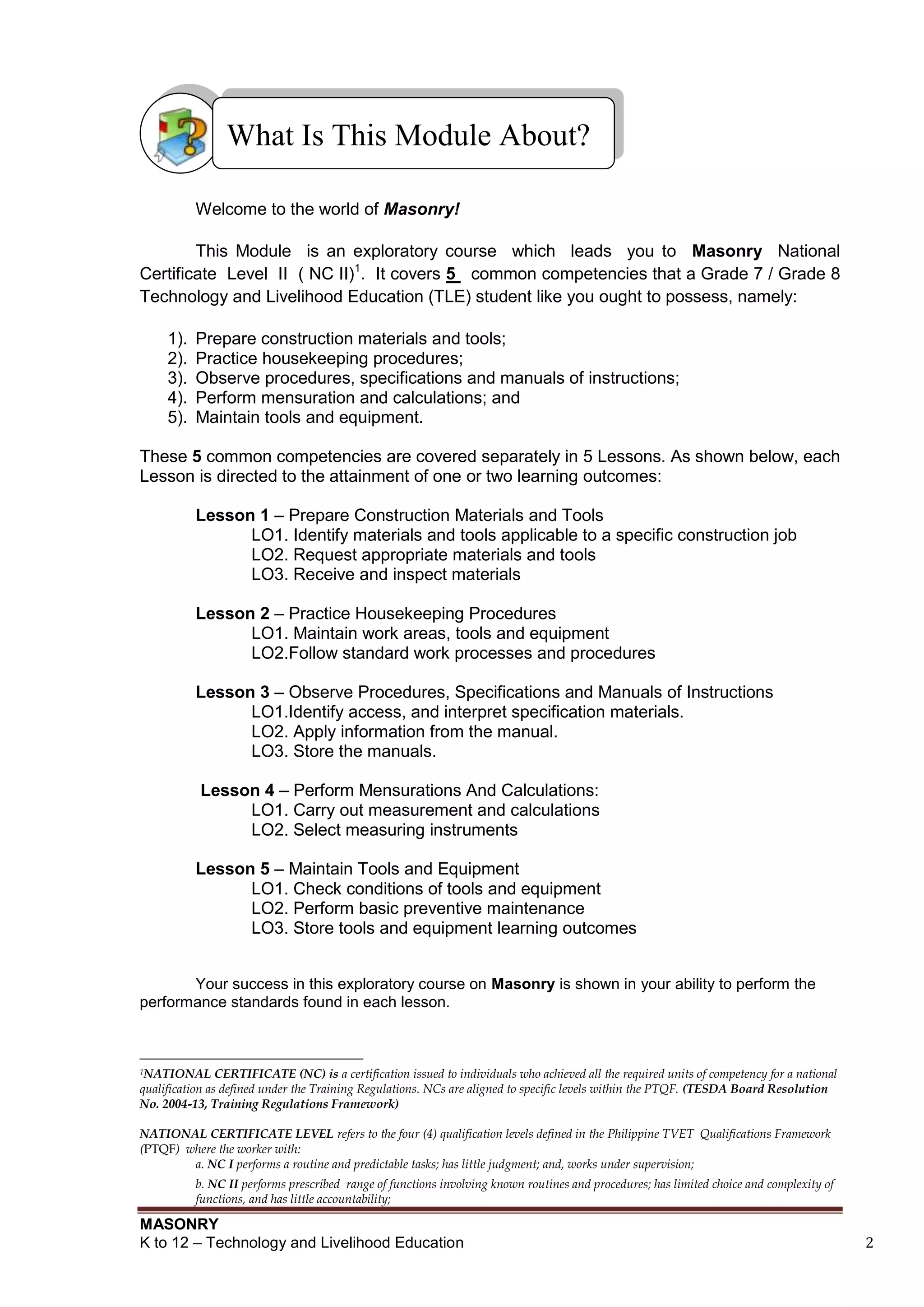 K to 12 masonry learning module | PDF