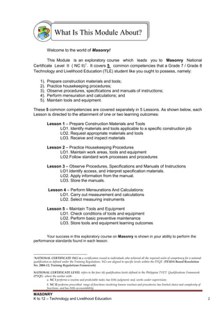 K to 12 masonry learning module | PDF