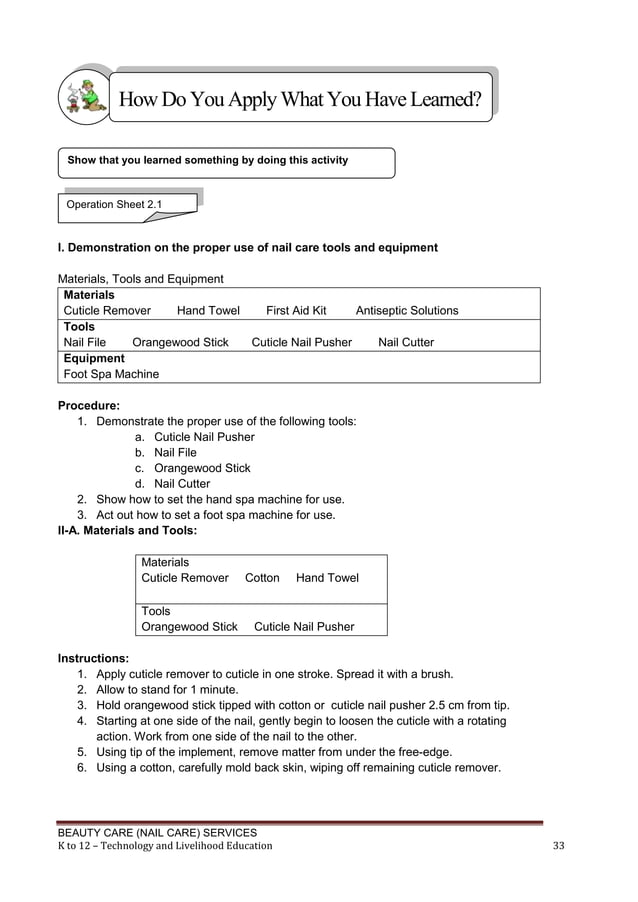 K to 12 nail care learning module | PDF | Nail Care | Beauty