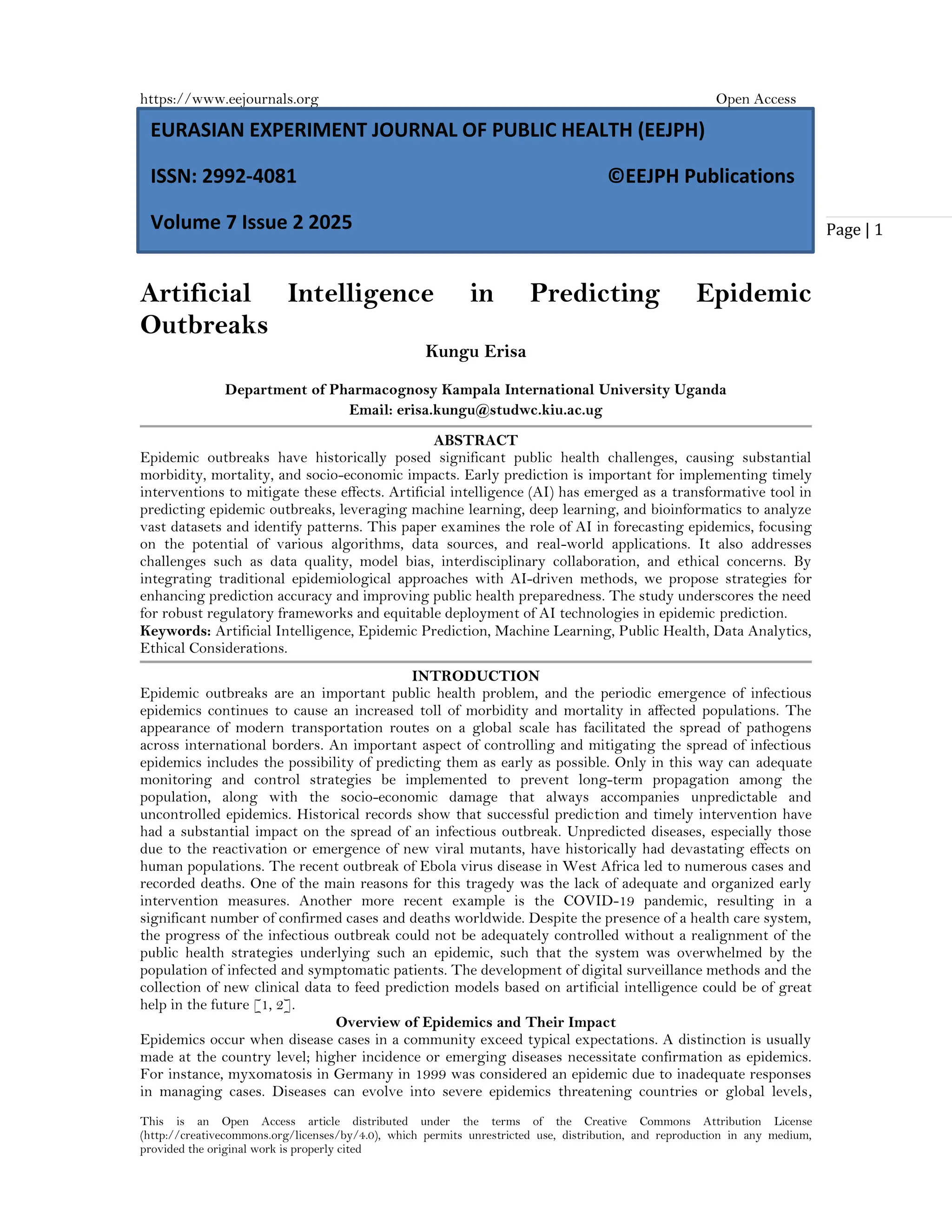 Artificial Intelligence in Predicting Epudemic Outbreaks (www.kiu.ac.ug) | PDF