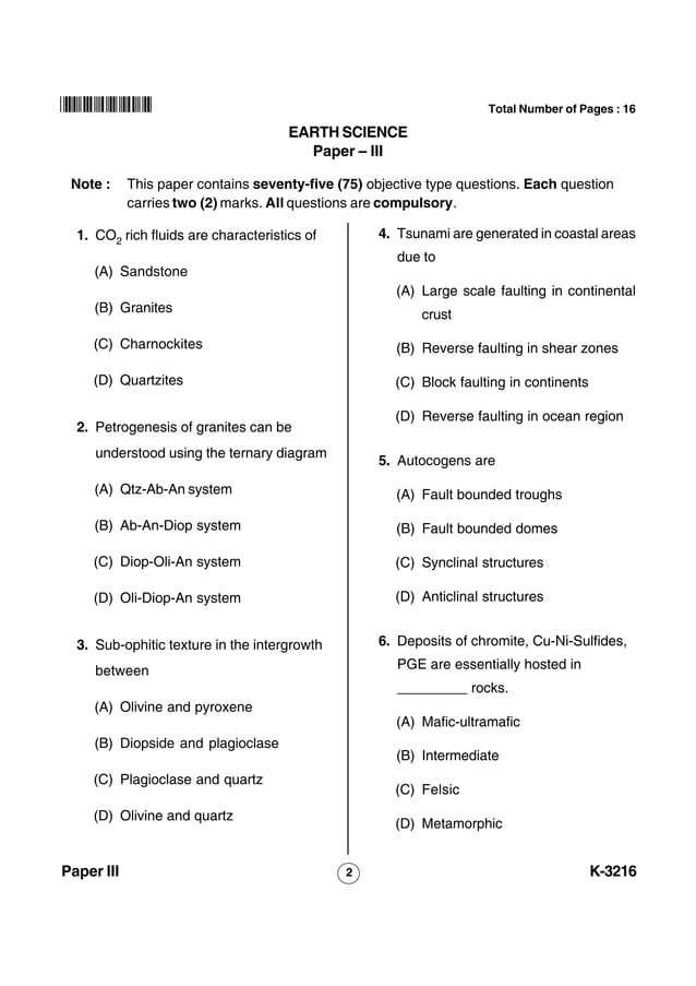 K 3216 earth science (paper-iii) | PDF
