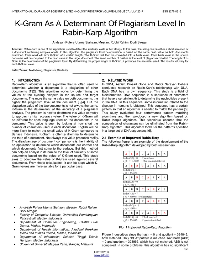 K Gram As A Determinant Of Plagiarism Level In Rabin Karp Algorithm Pdf