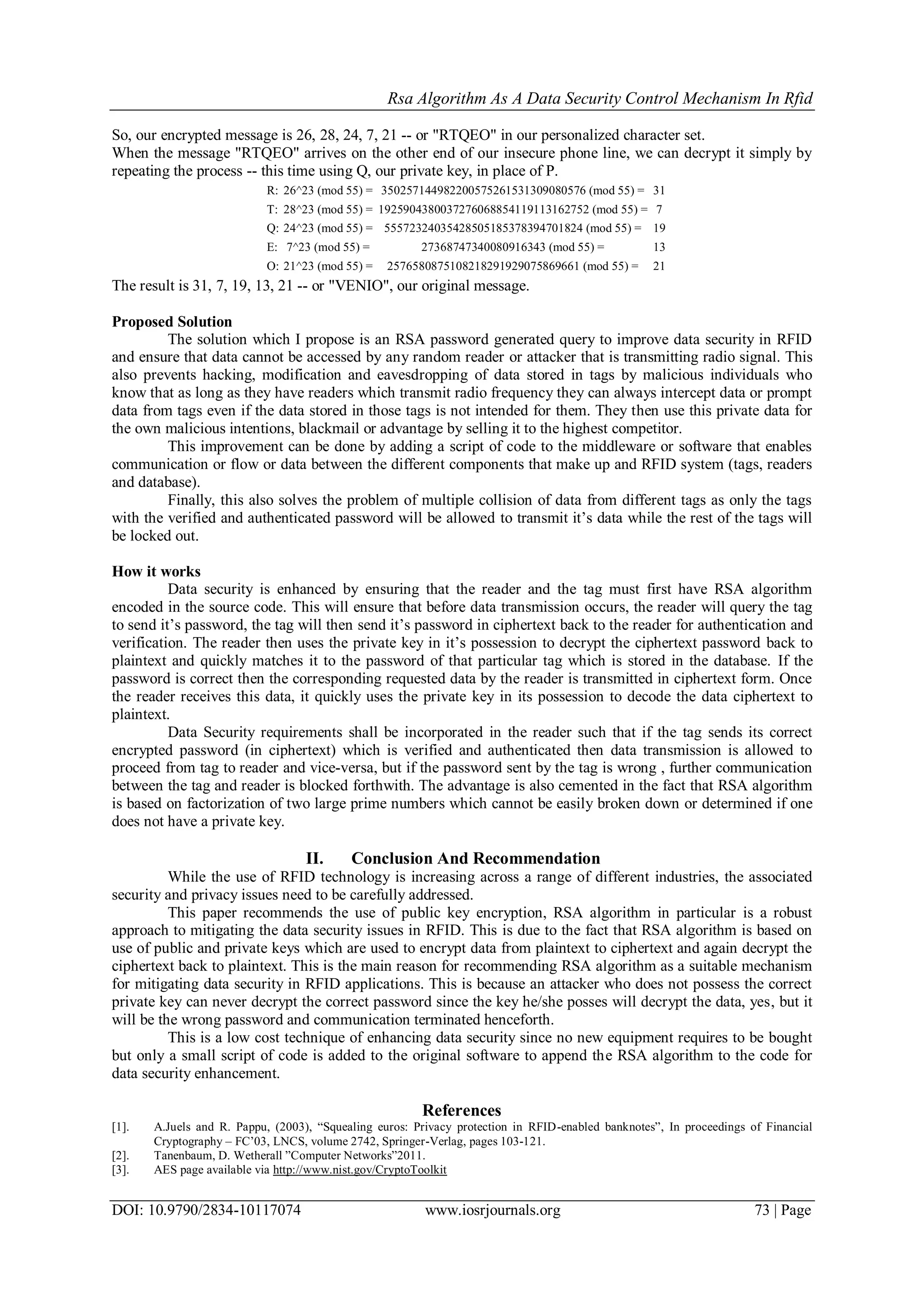 RSA Algorithm as a Data Security Control Mechanism in RFID | PDF