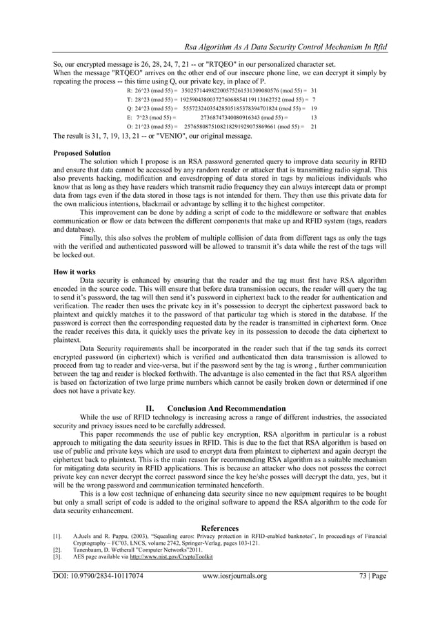 RSA Algorithm as a Data Security Control Mechanism in RFID | PDF