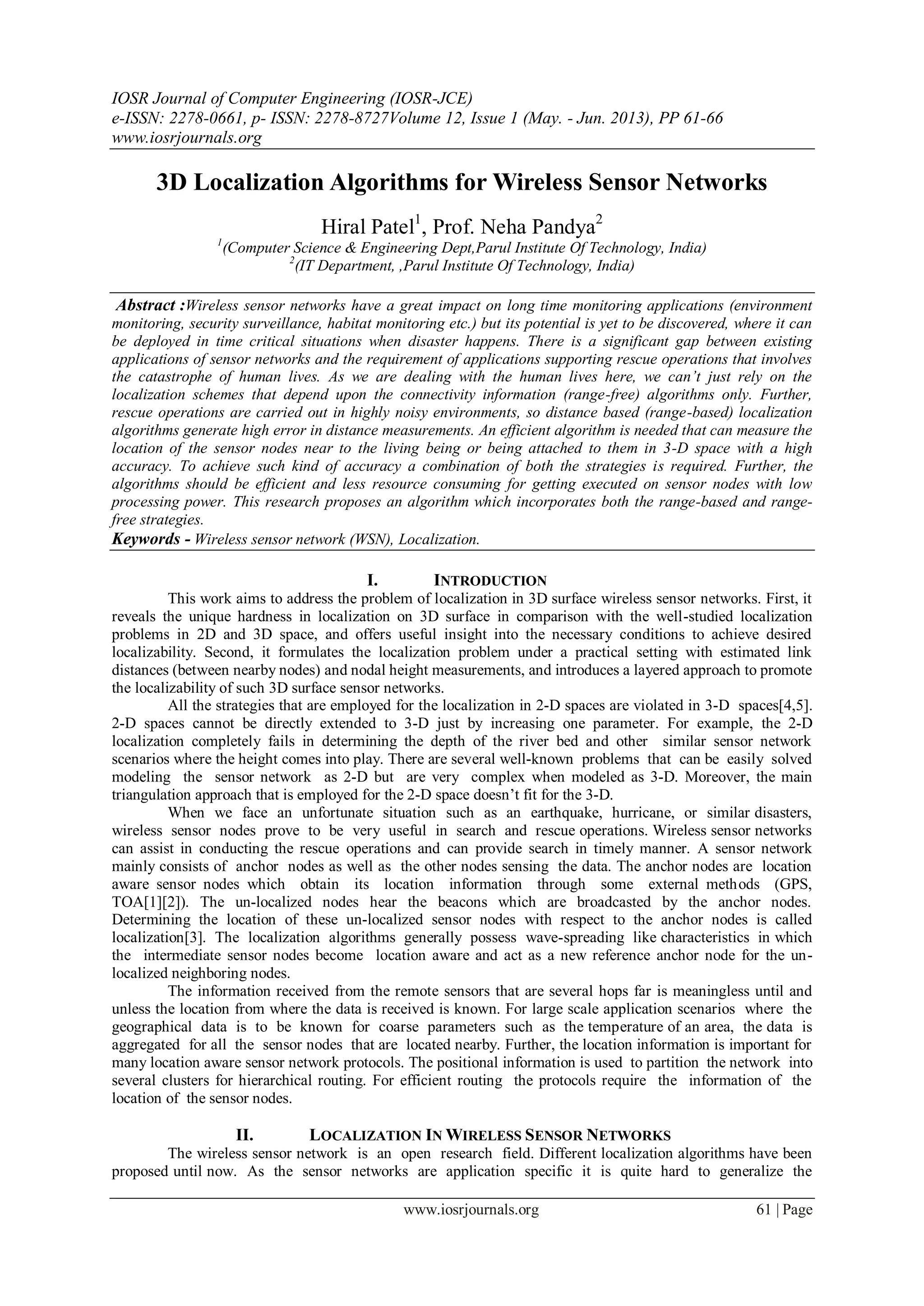 3D Localization Algorithms for Wireless Sensor Networks | PDF | 3-D Graphics | Computer Software ...