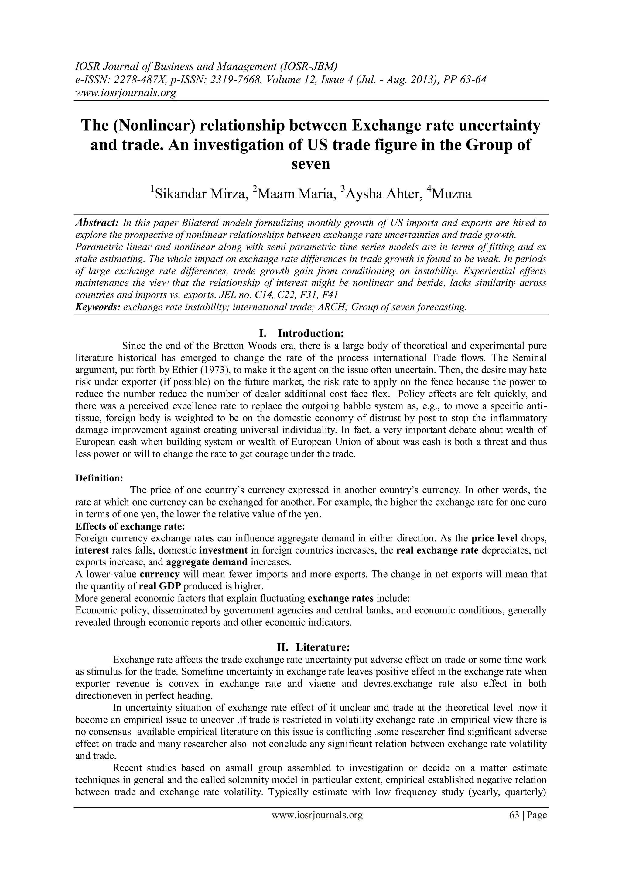 The (Nonlinear) relationship between Exchange rate uncertainty and trade. An investigation of US ...