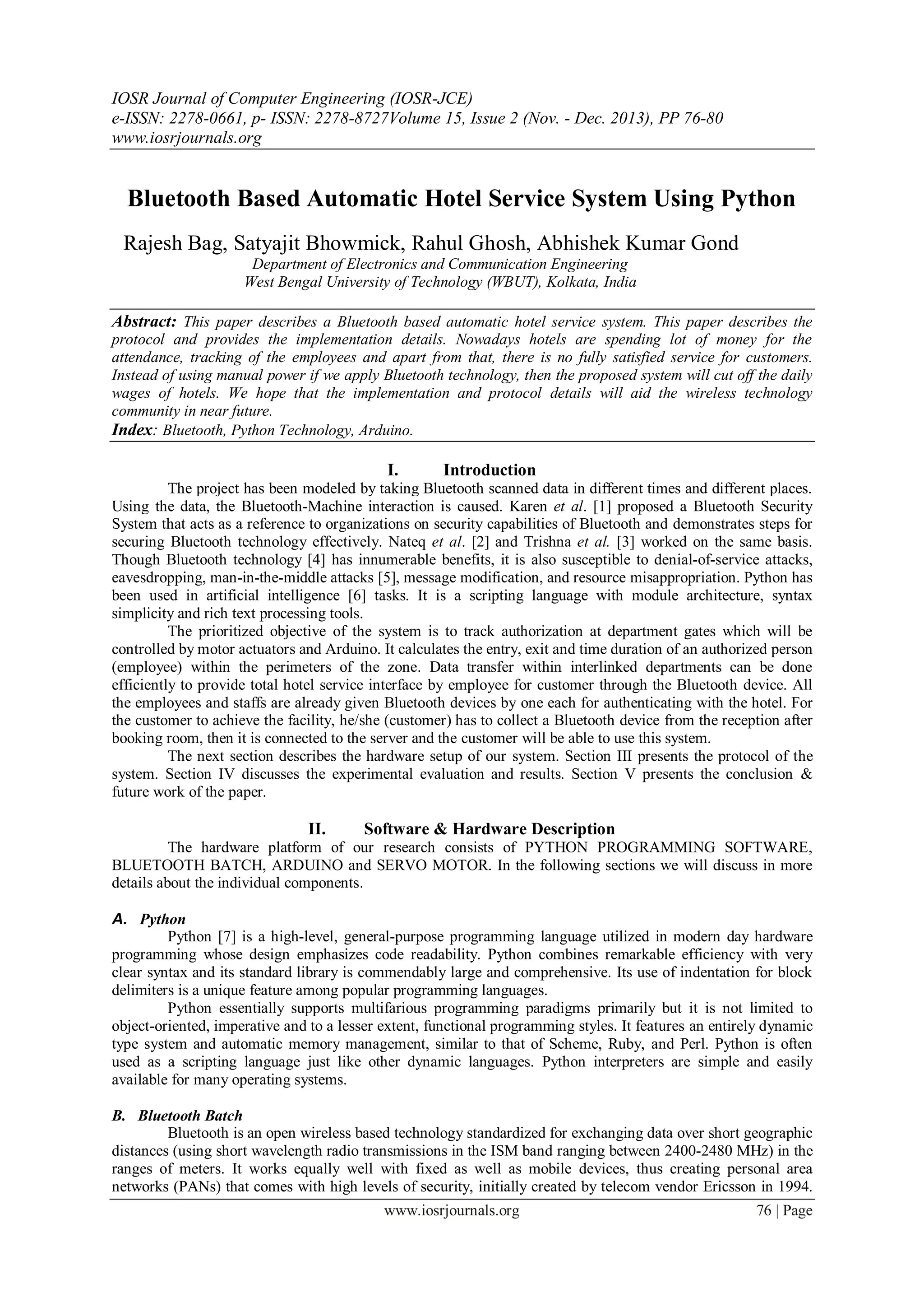 Bluetooth Based Automatic Hotel Service System Using Python | PDF