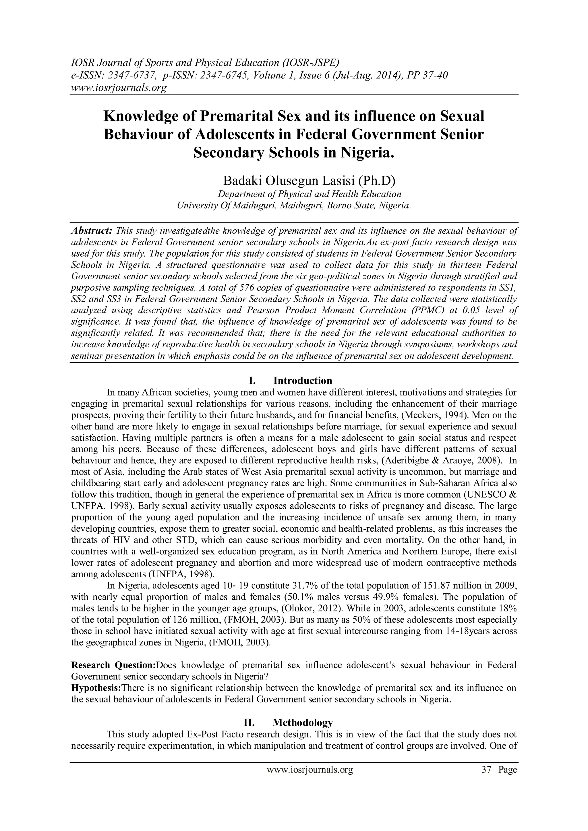 Knowledge of Premarital Sex and its influence on Sexual Behaviour of Adolescents in Federal ...