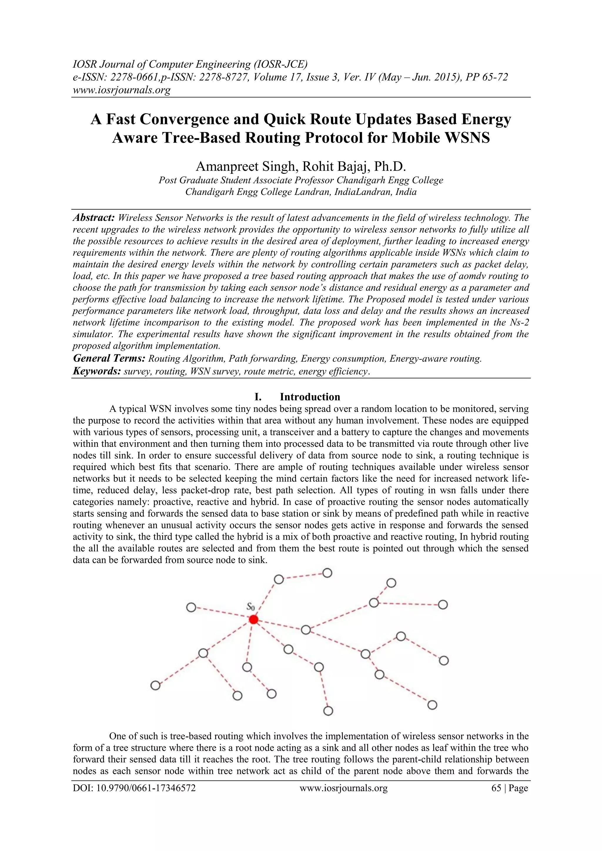A Fast Convergence And Quick Route Updates Based Energy Aware Tree Based Routing Protocol For