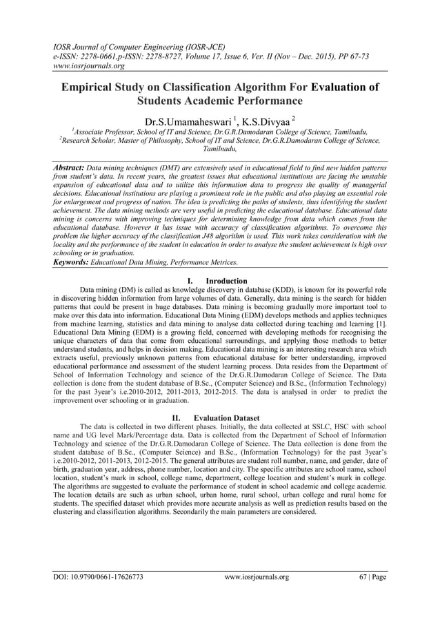 Empirical Study on Classification Algorithm For Evaluation of Students Academic Performance | PDF