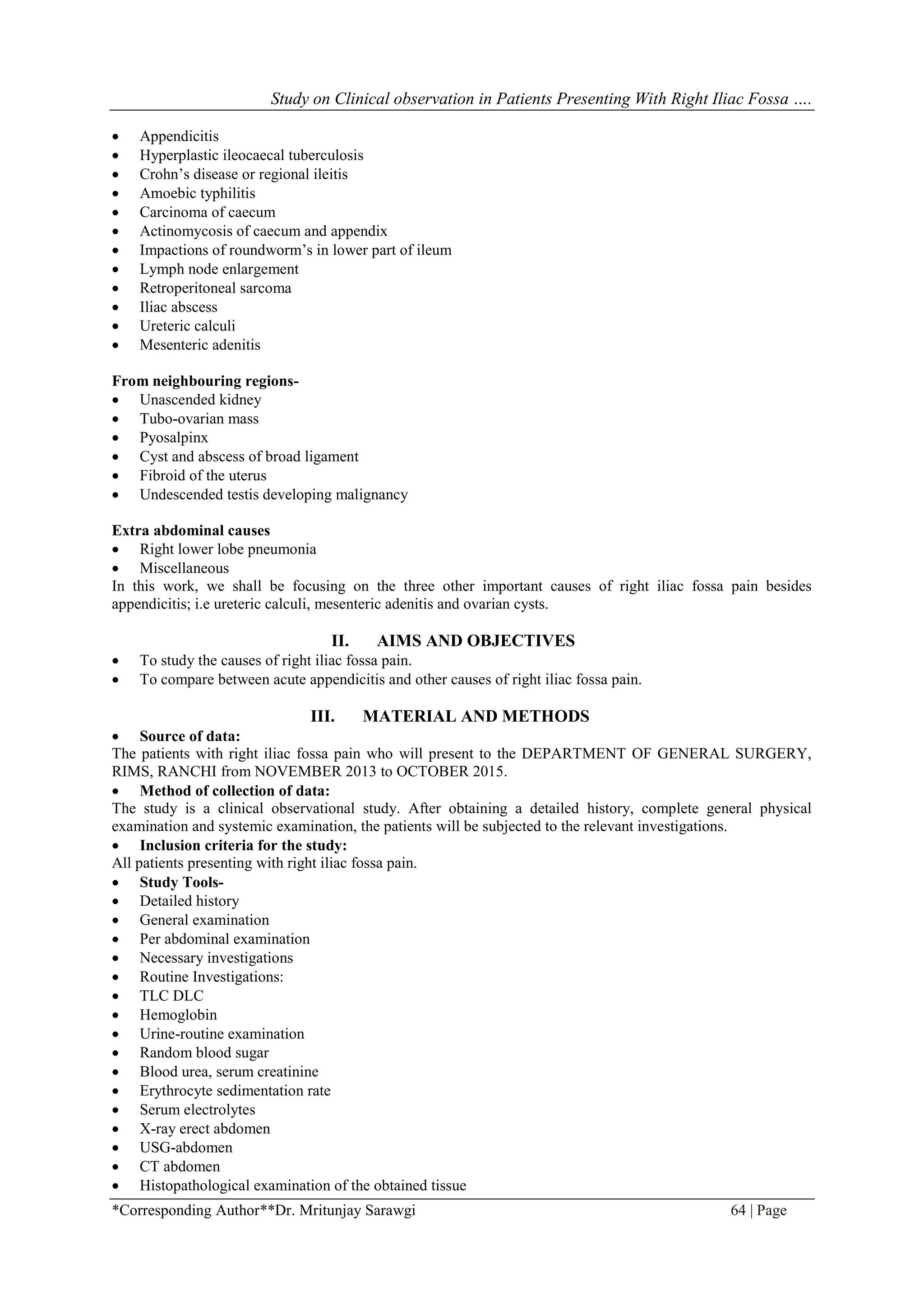 Study on Clinical observation in Patients Presenting With Right Iliac ...