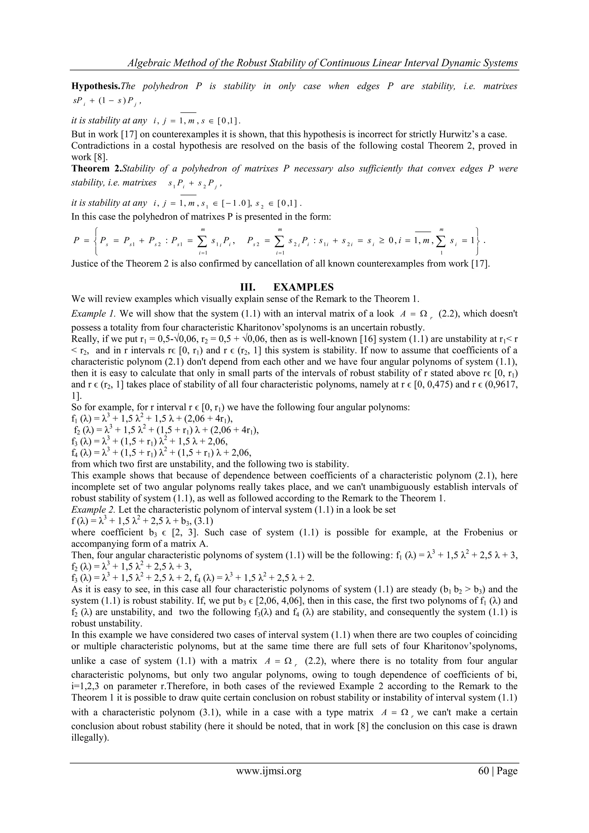 Algebraic Method of the Robust Stability of Continuous Linear Interval Dynamic Systems | PDF