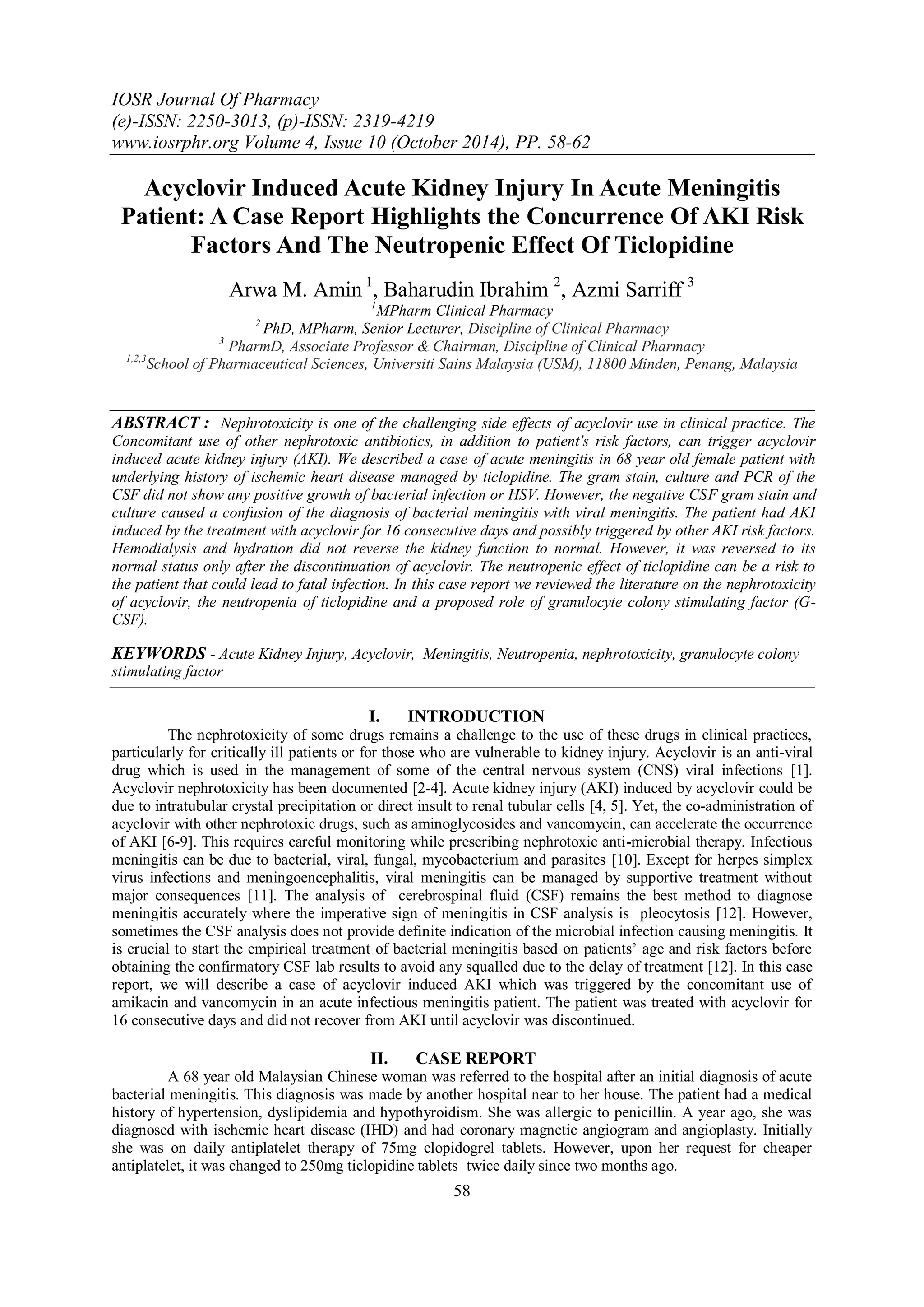 Acyclovir Induced Acute Kidney Injury In Acute Meningitis Patient: A ...