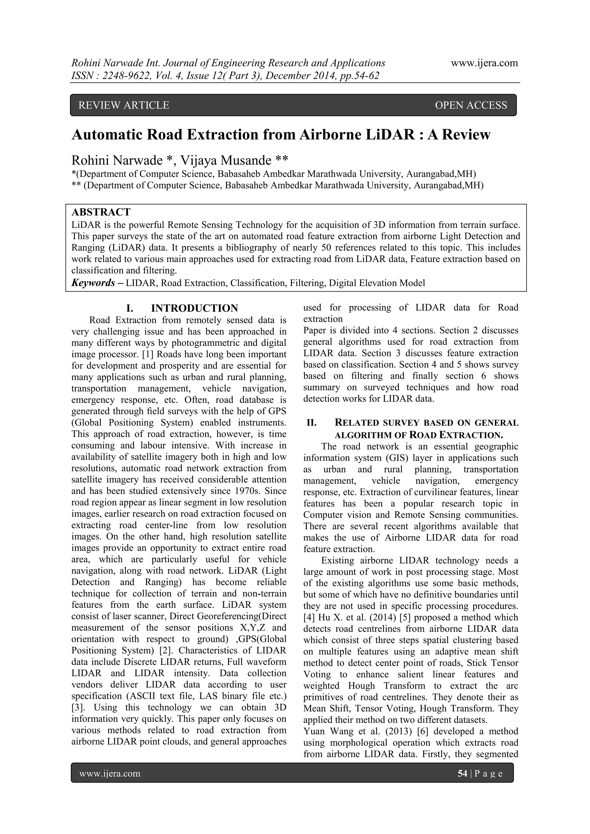 Automatic Road Extraction from Airborne LiDAR : A Review | PDF