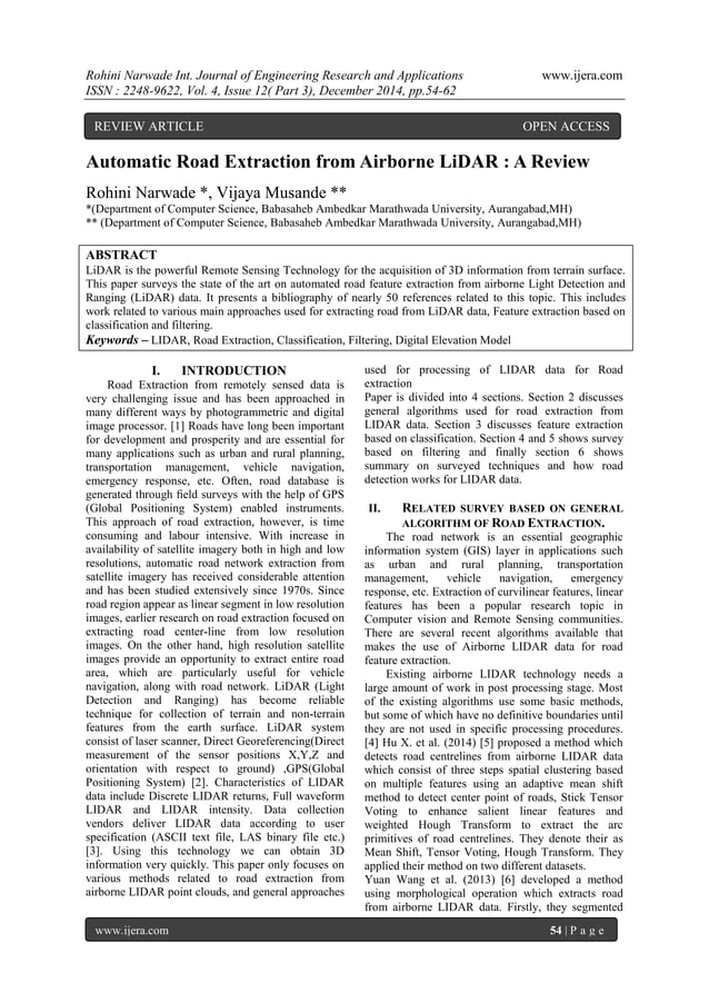 Automatic Road Extraction from Airborne LiDAR : A Review | PDF
