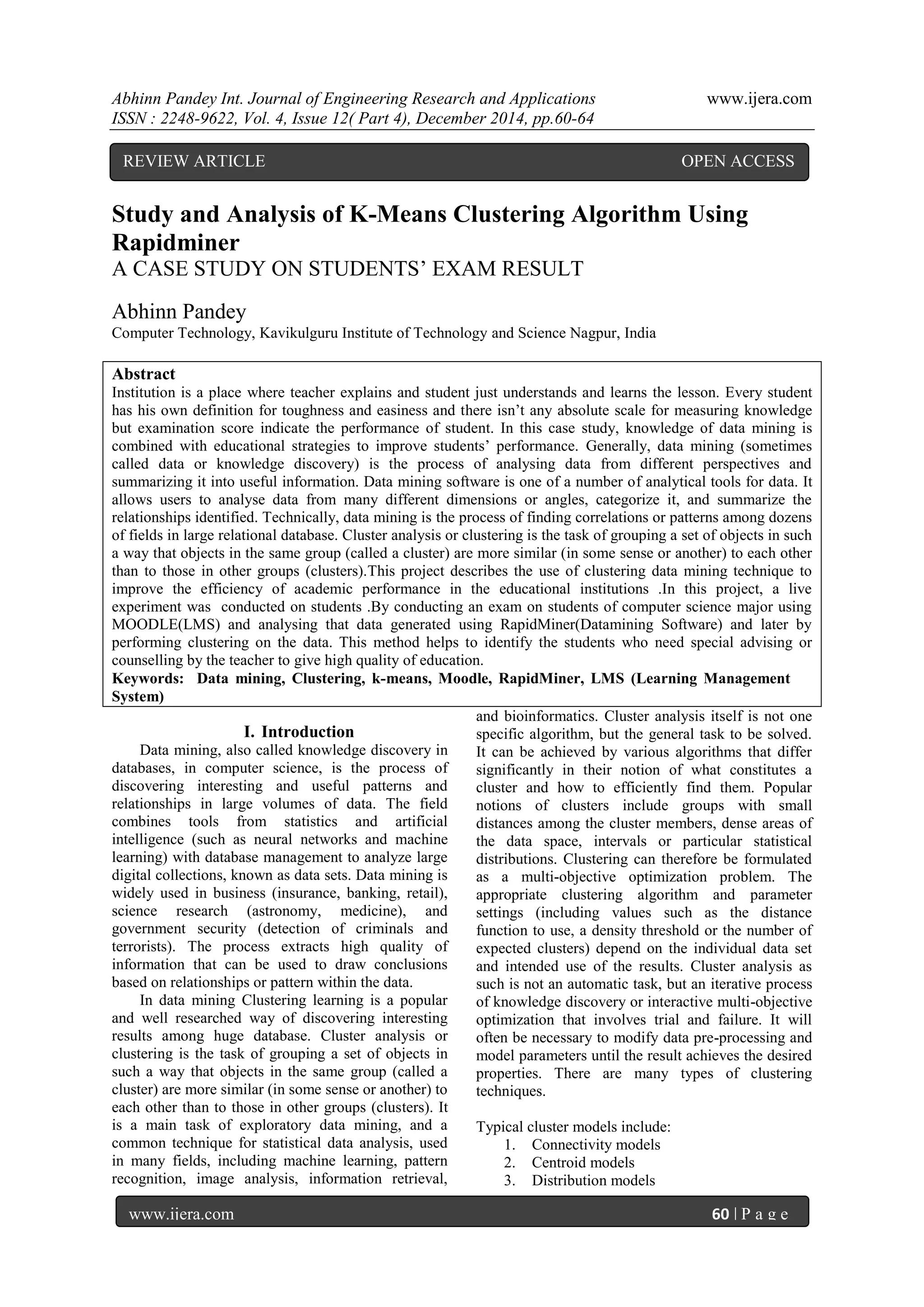Study and Analysis of K-Means Clustering Algorithm Using Rapidminer | PDF