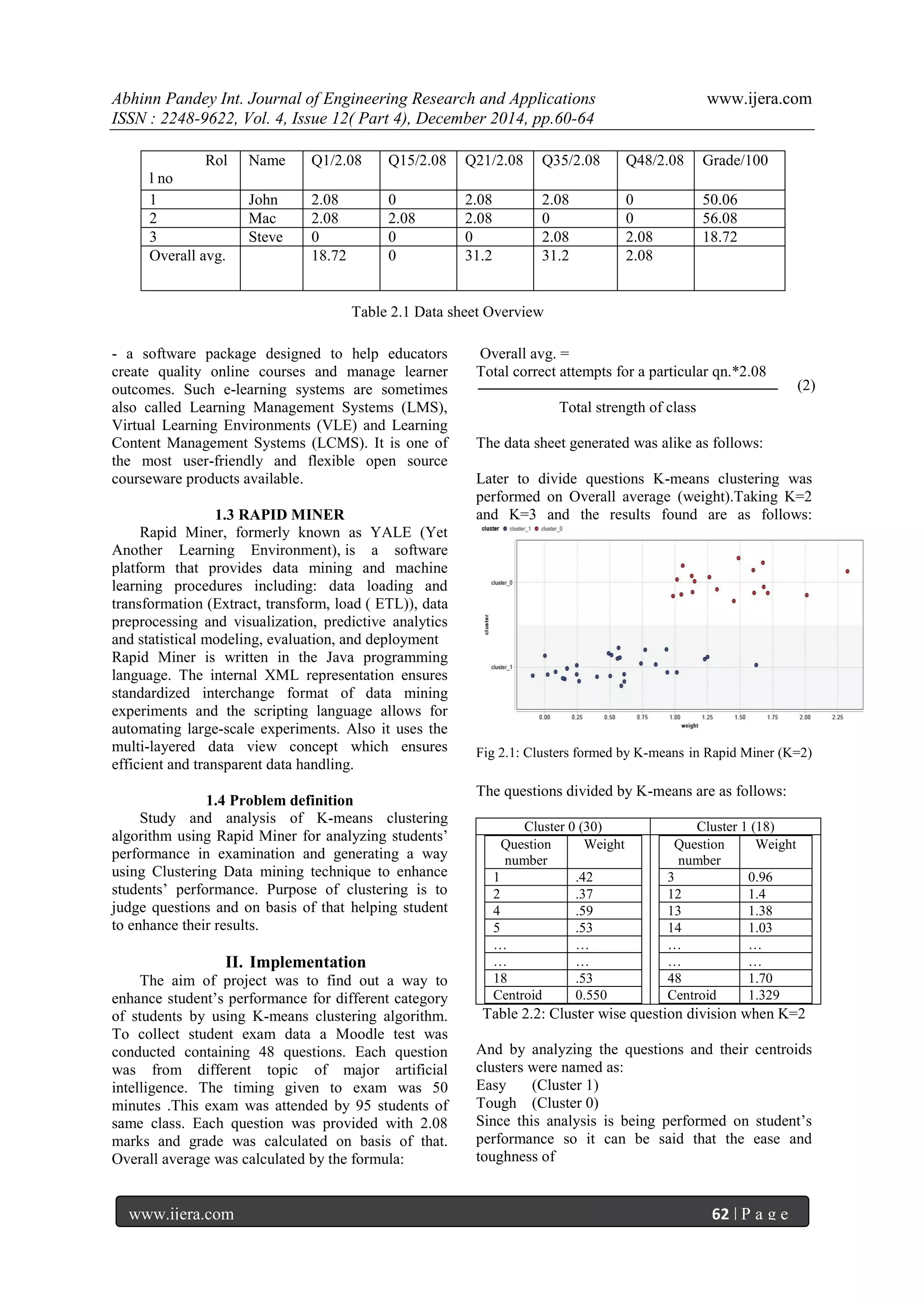 Study and Analysis of K-Means Clustering Algorithm Using Rapidminer | PDF
