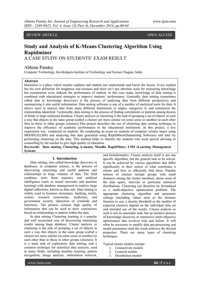 Study and Analysis of K-Means Clustering Algorithm Using Rapidminer | PDF