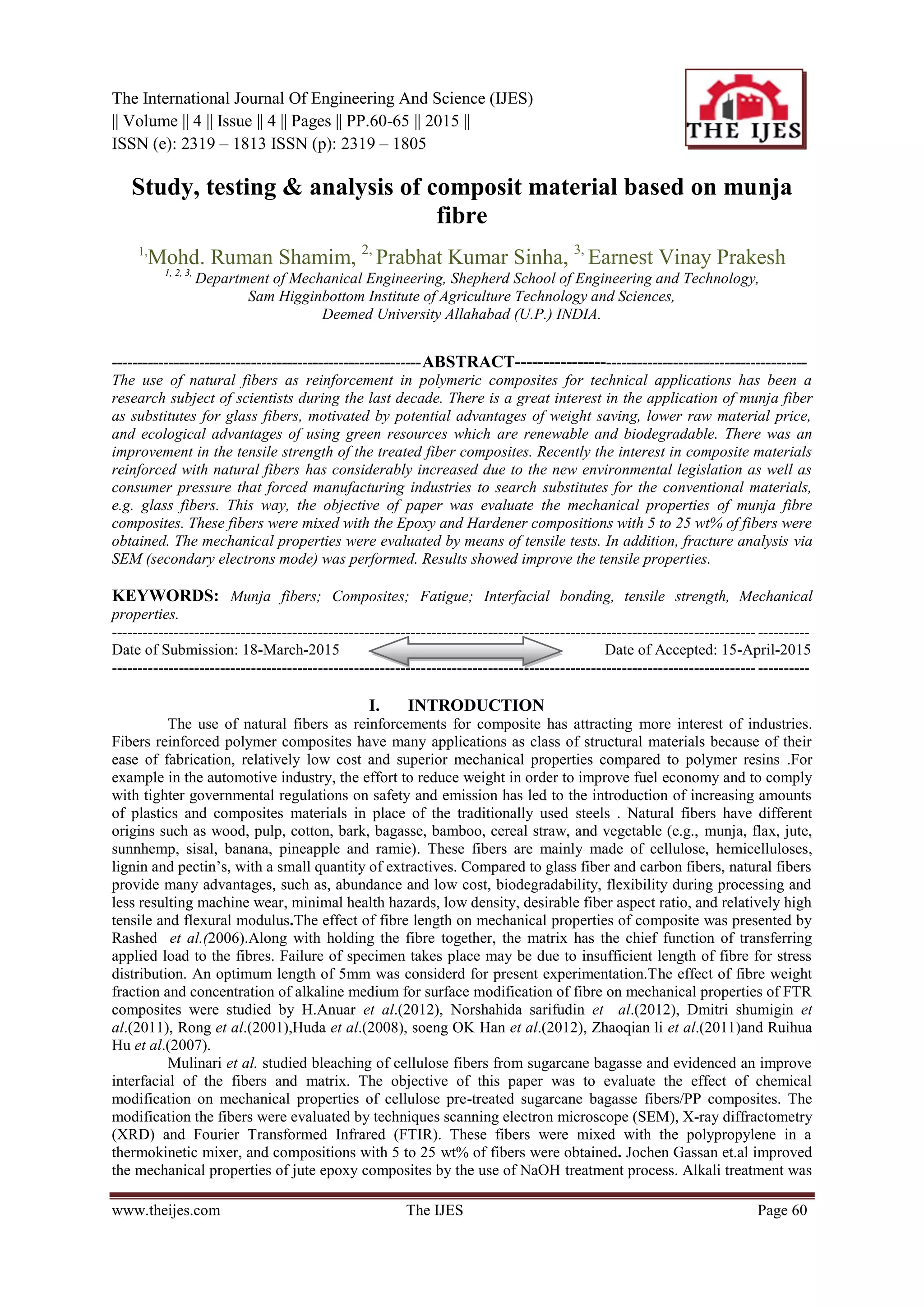Study, testing & analysis of composit material based on munja fibre | PDF