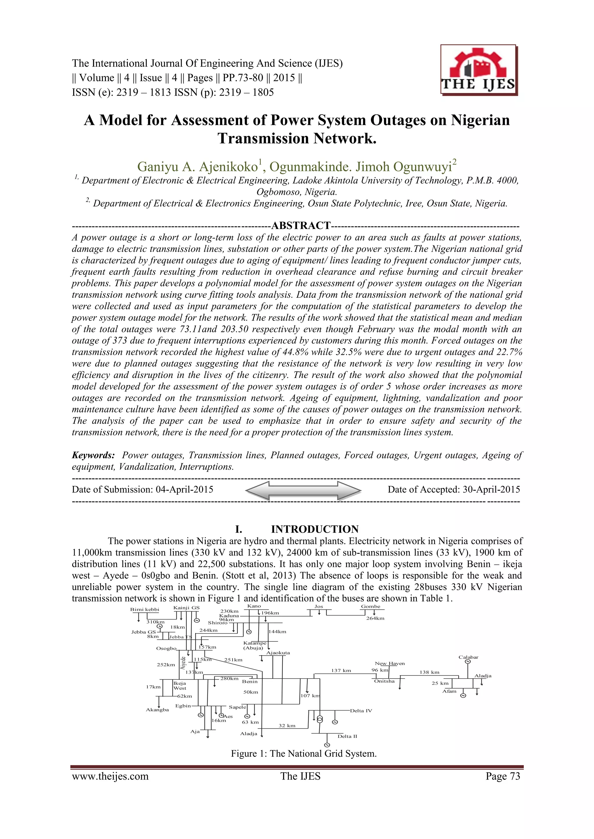 A Model for Assessment of Power System Outages on Nigerian Transmission Network | PDF
