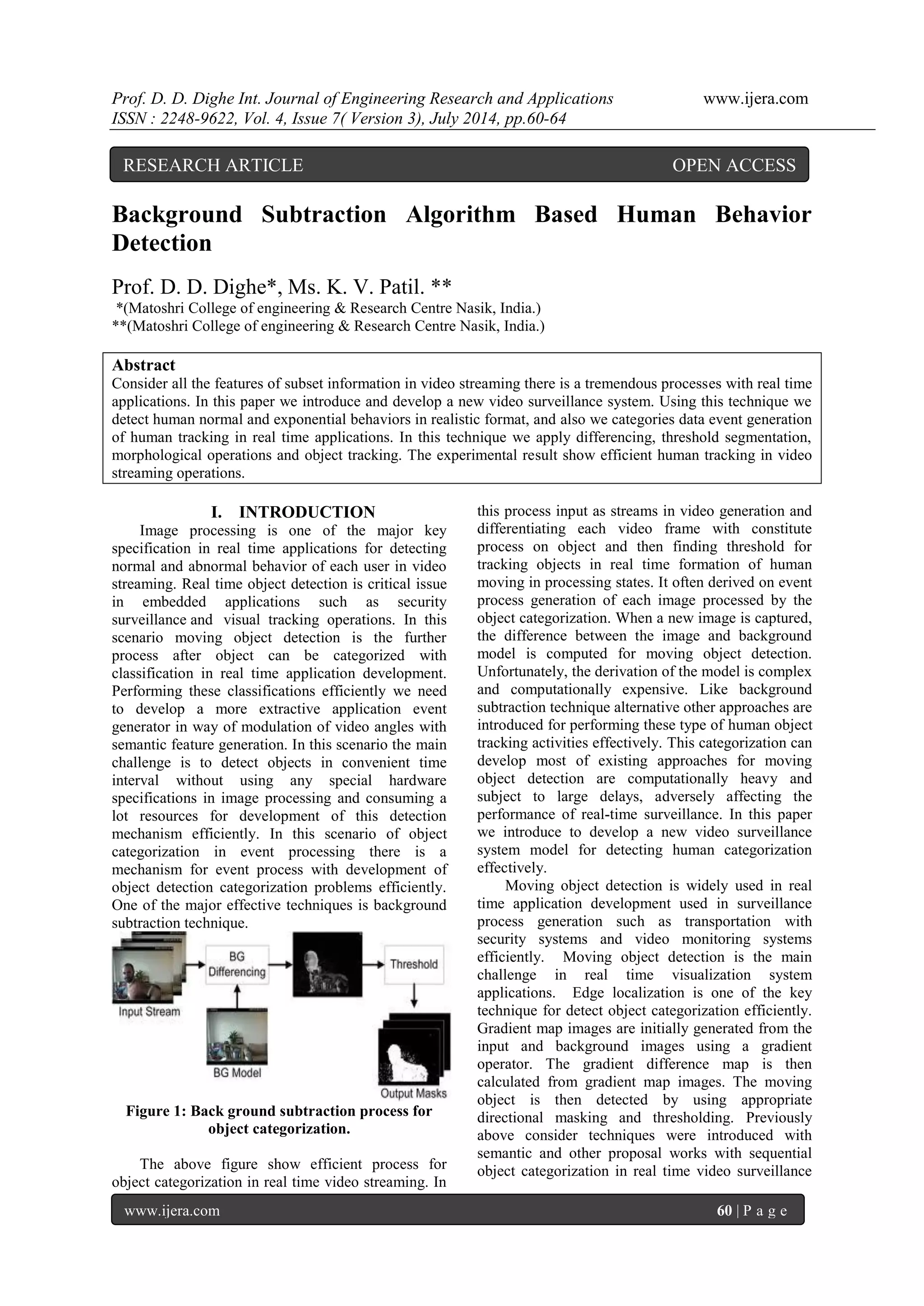 Background Subtraction Algorithm Based Human Behavior Detection Pdf