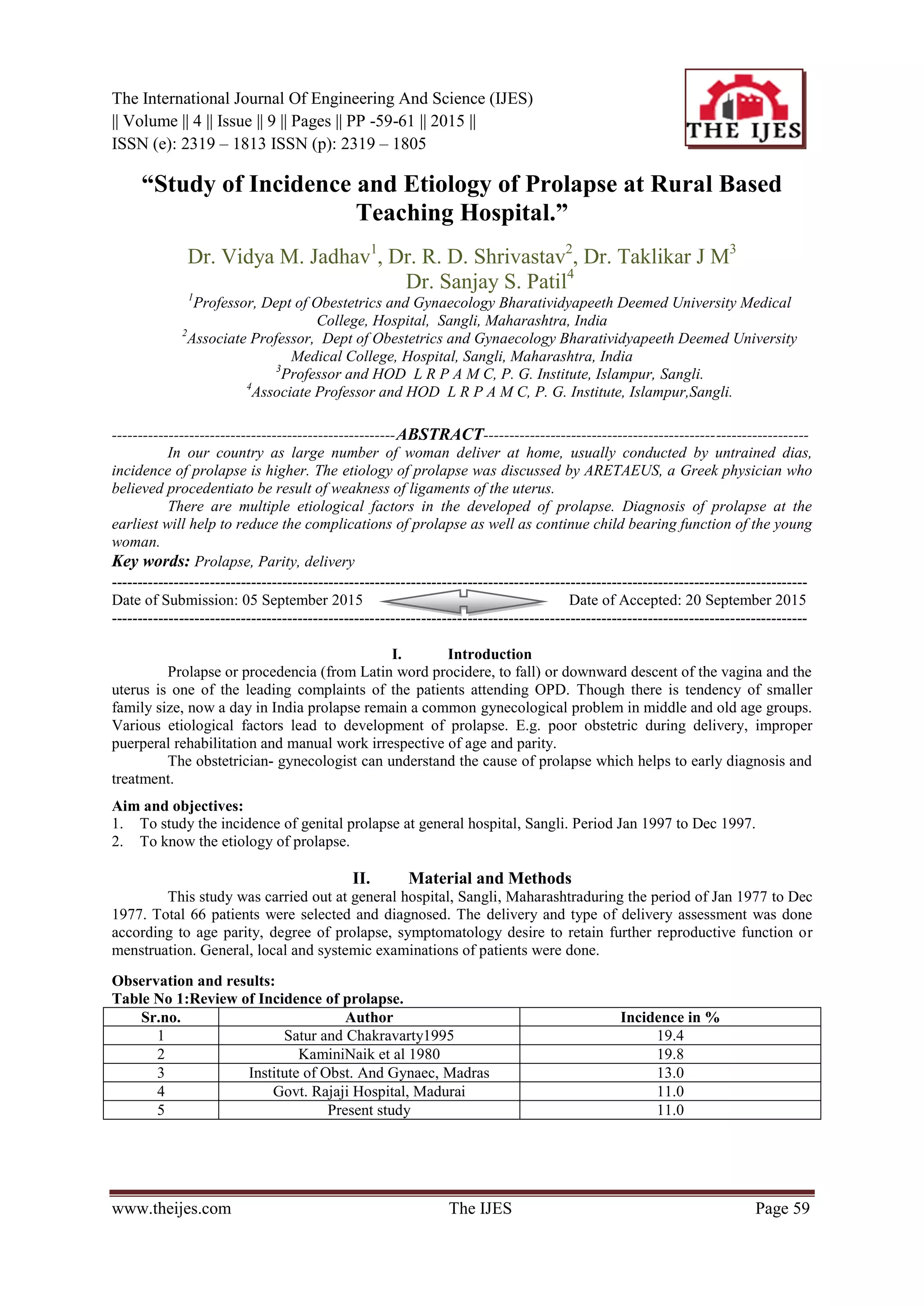 Study of Incidence and Etiology of Prolapse at Rural Based Teaching Hospital | PDF