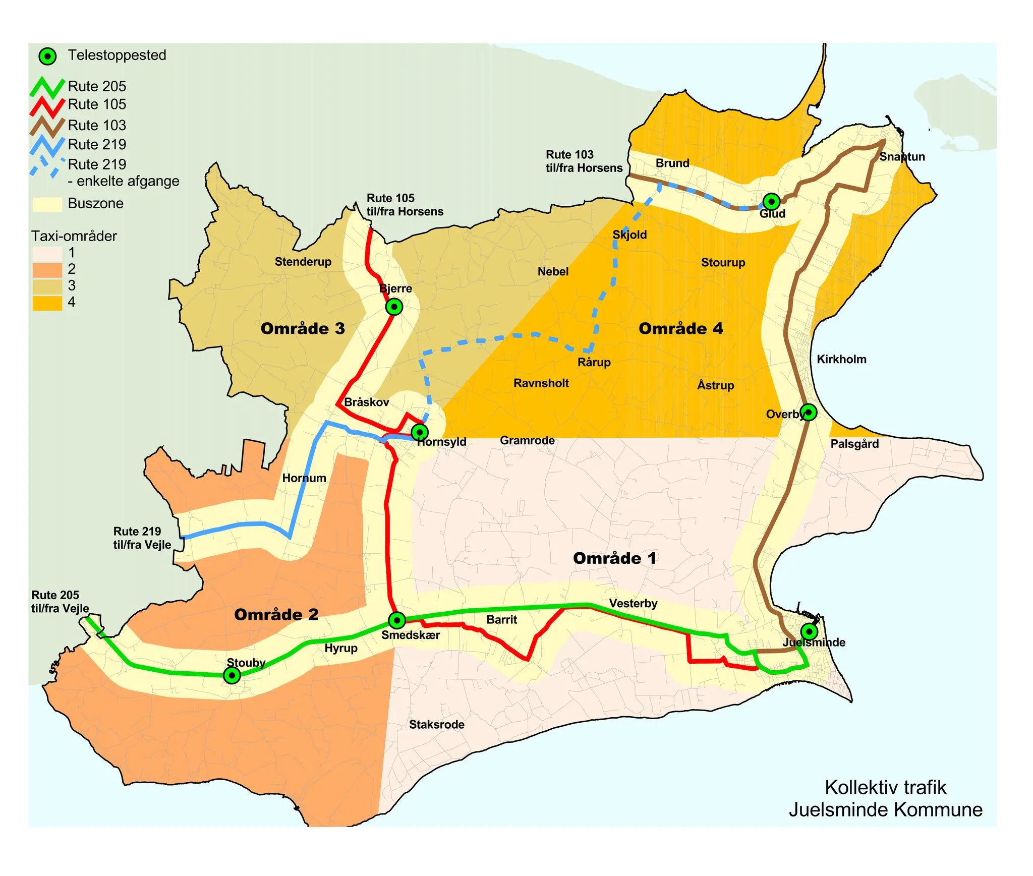 Kort over Kollektiv trafik i Juelsminde Kommune 2004/05 | Vejle Amts ...