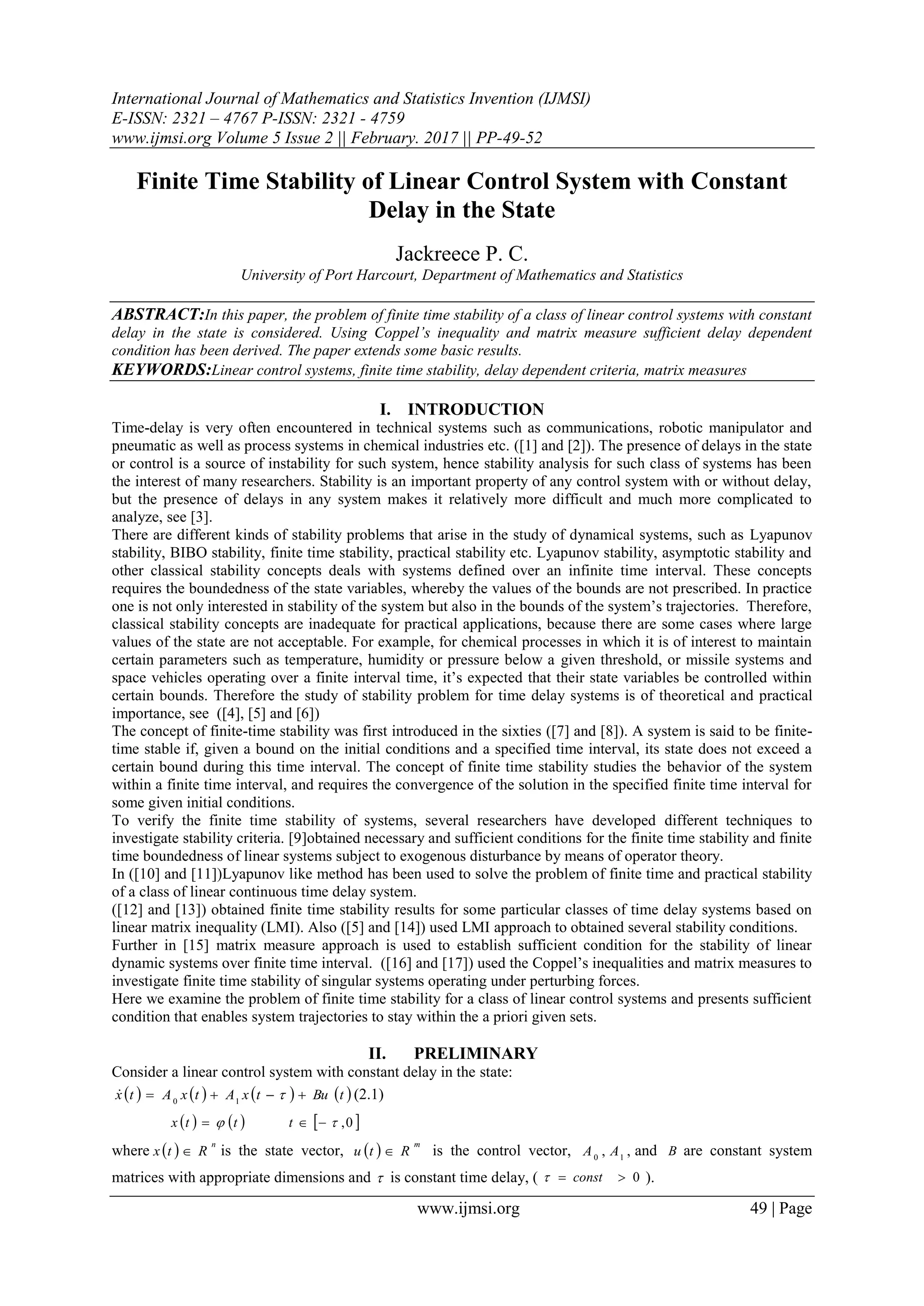 Finite Time Stability of Linear Control System with Constant Delay in the State | PDF