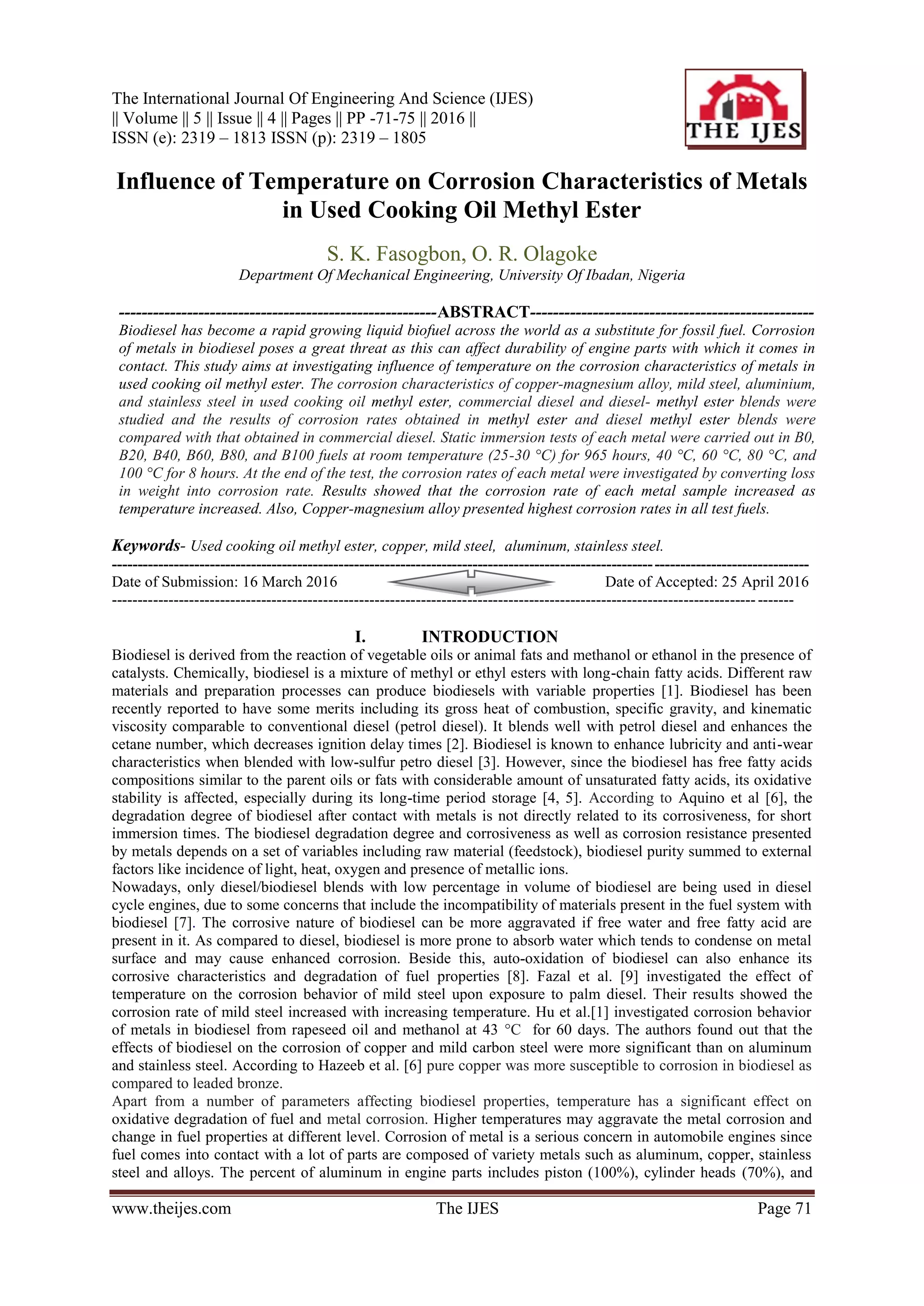 Influence of Temperature on Corrosion Characteristics of Metals in Used ...