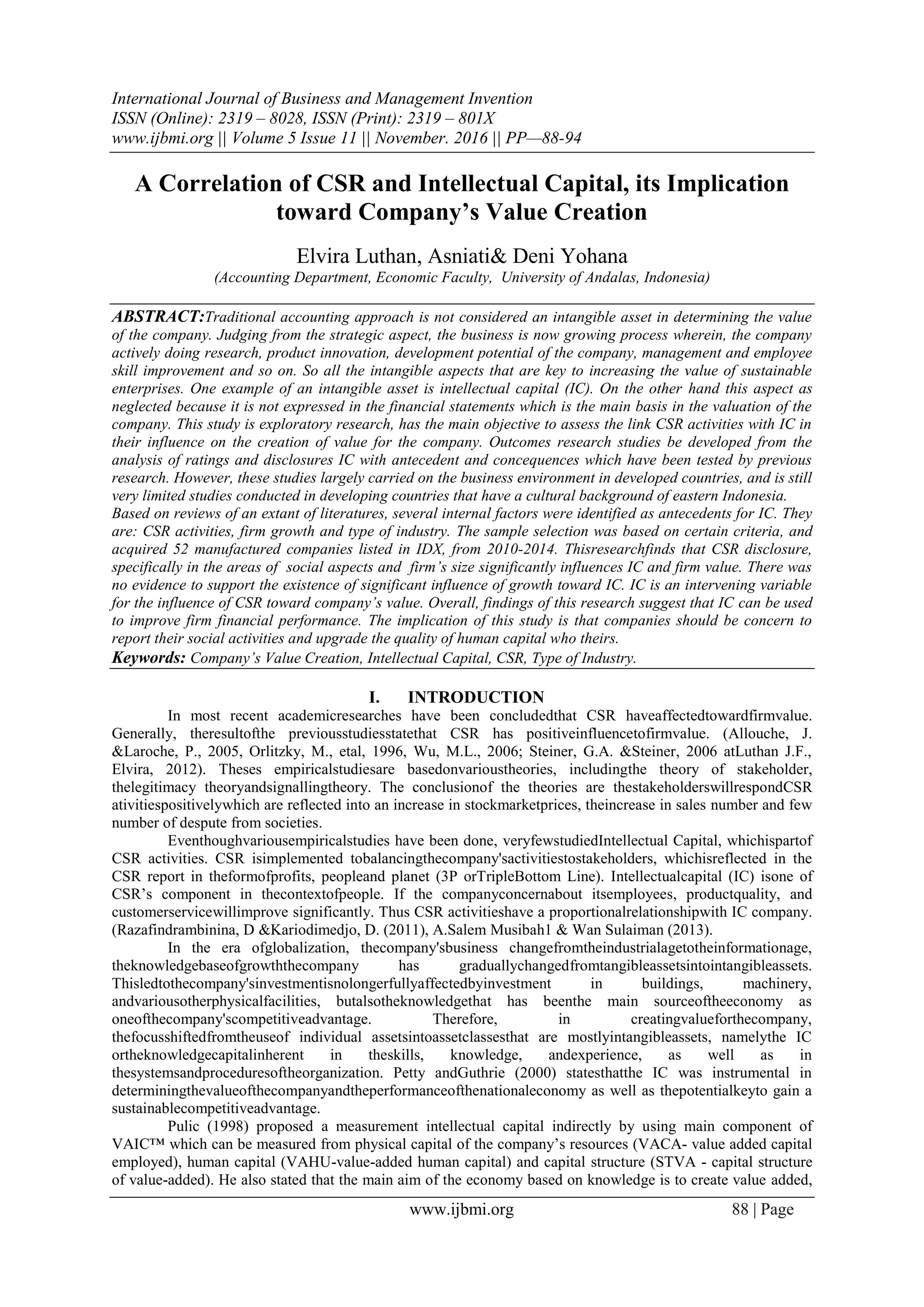 A Correlation of CSR and Intellectual Capital, its Implication toward ...