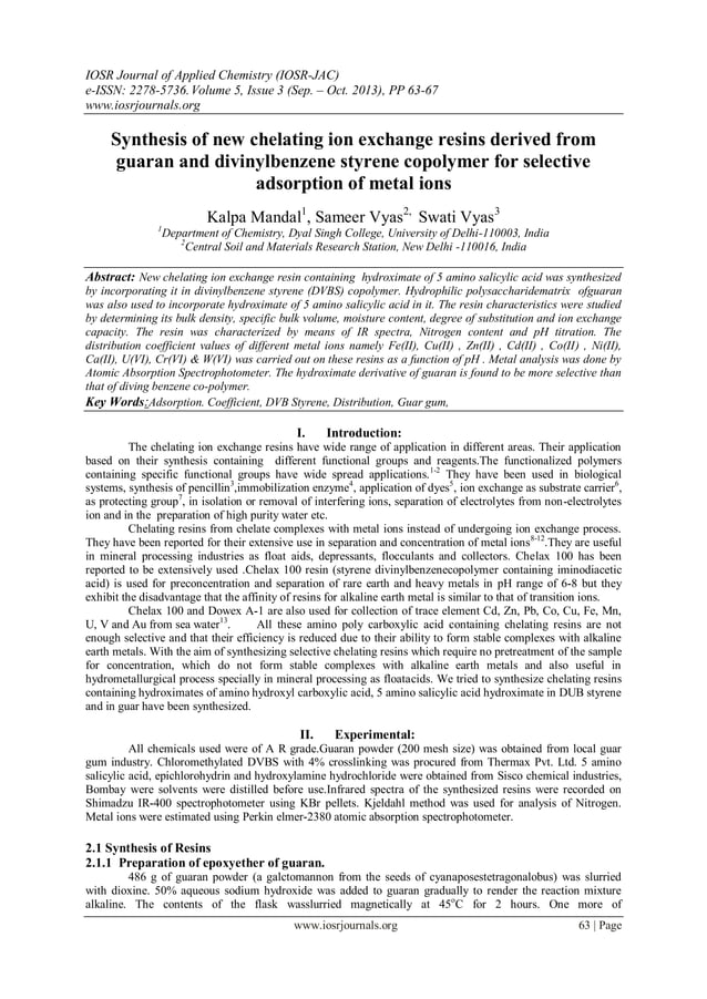 Synthesis of new chelating ion exchange resins derived from guaran and divinylbenzene styrene ...