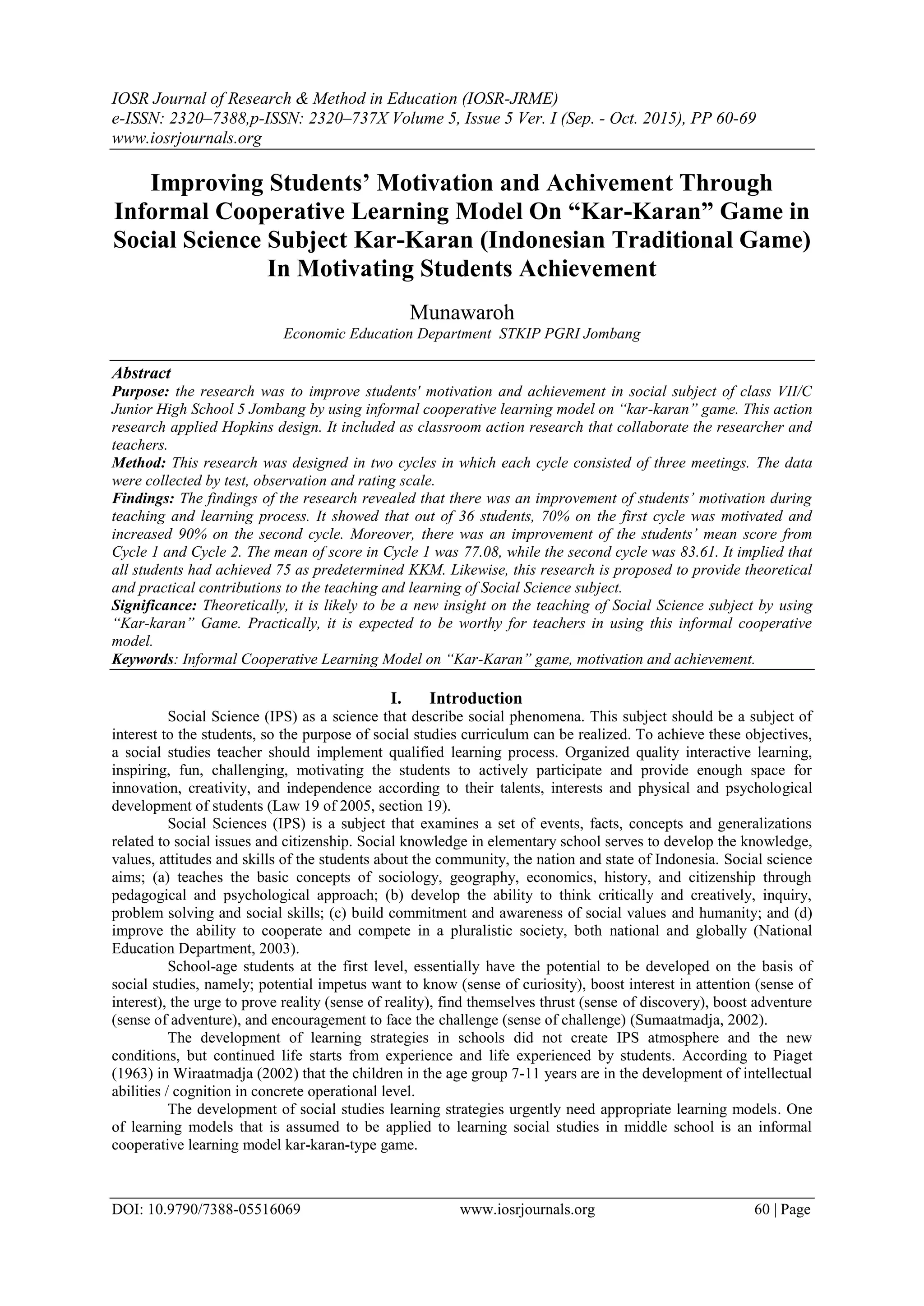 Improving Students’ Motivation and Achivement Through Informal Cooperative Learning Model On ...