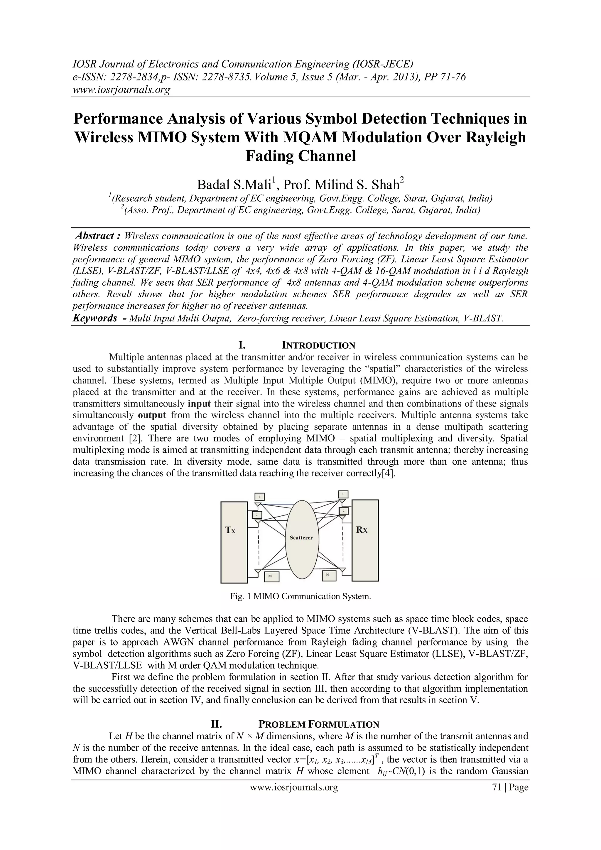 Performance Analysis of Various Symbol Detection Techniques in Wireless MIMO System With MQAM ...