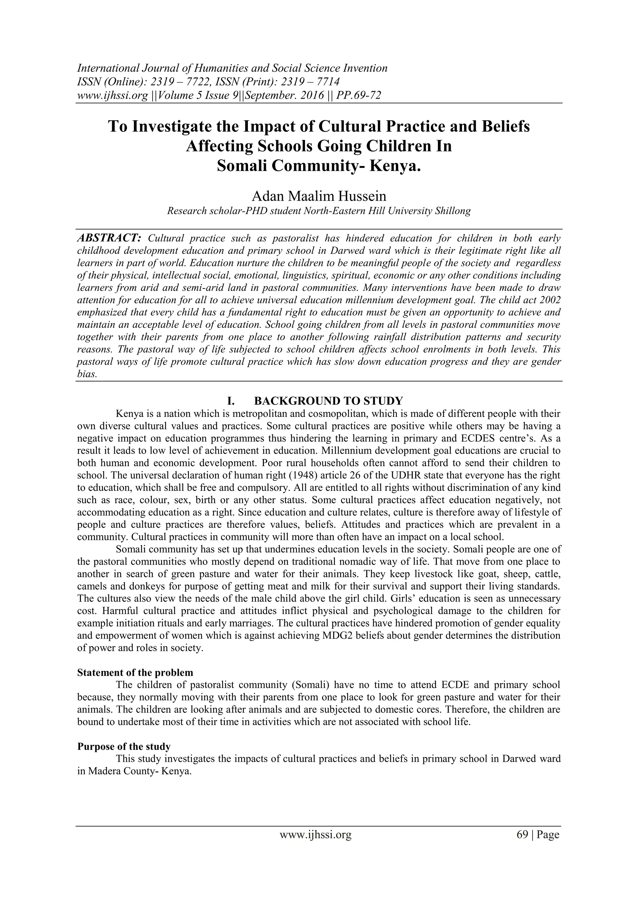 To Investigate the Impact of Cultural Practice and Beliefs Affecting Schools Going Children In ...