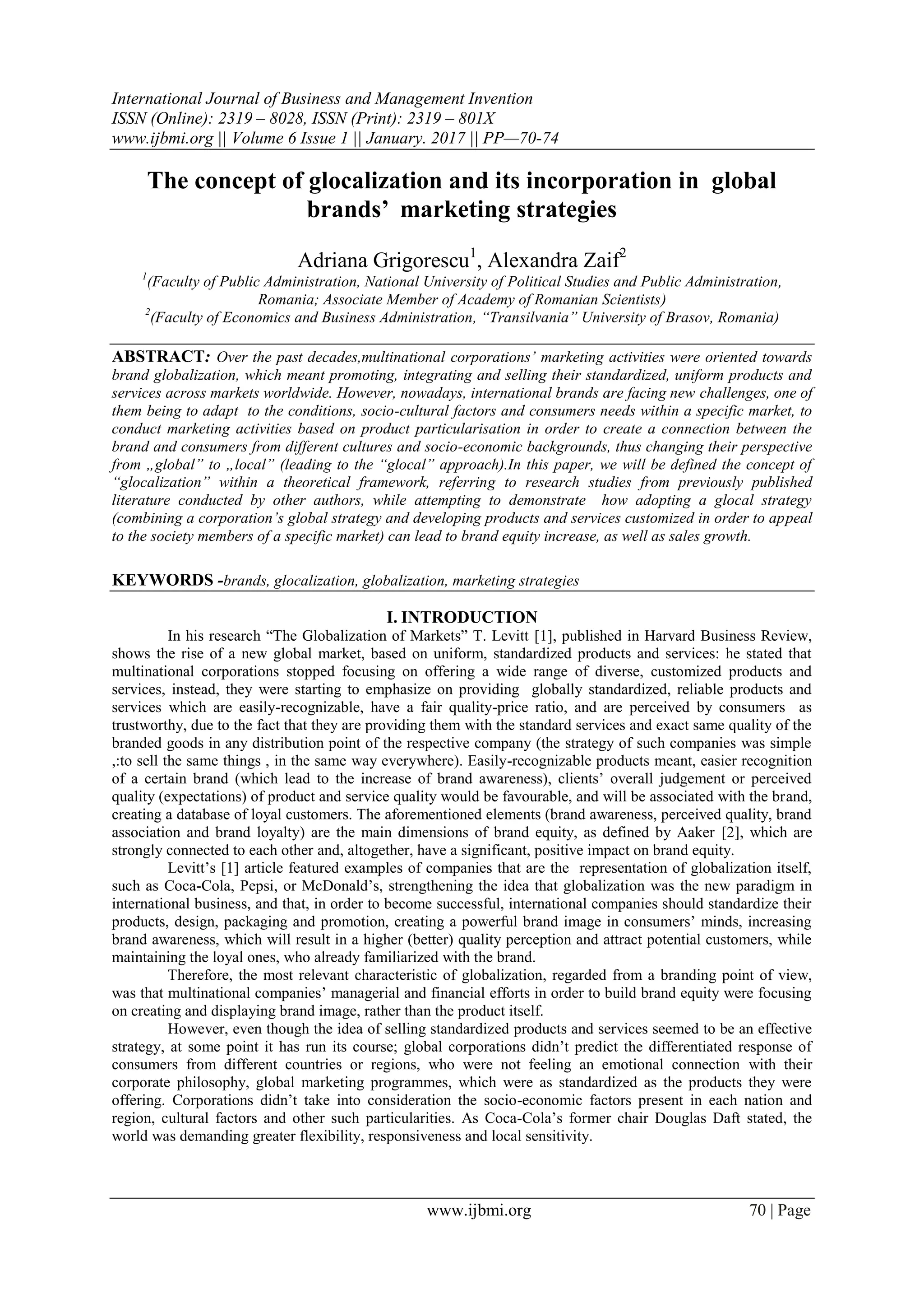 The concept of glocalization and its incorporation in global brands ...