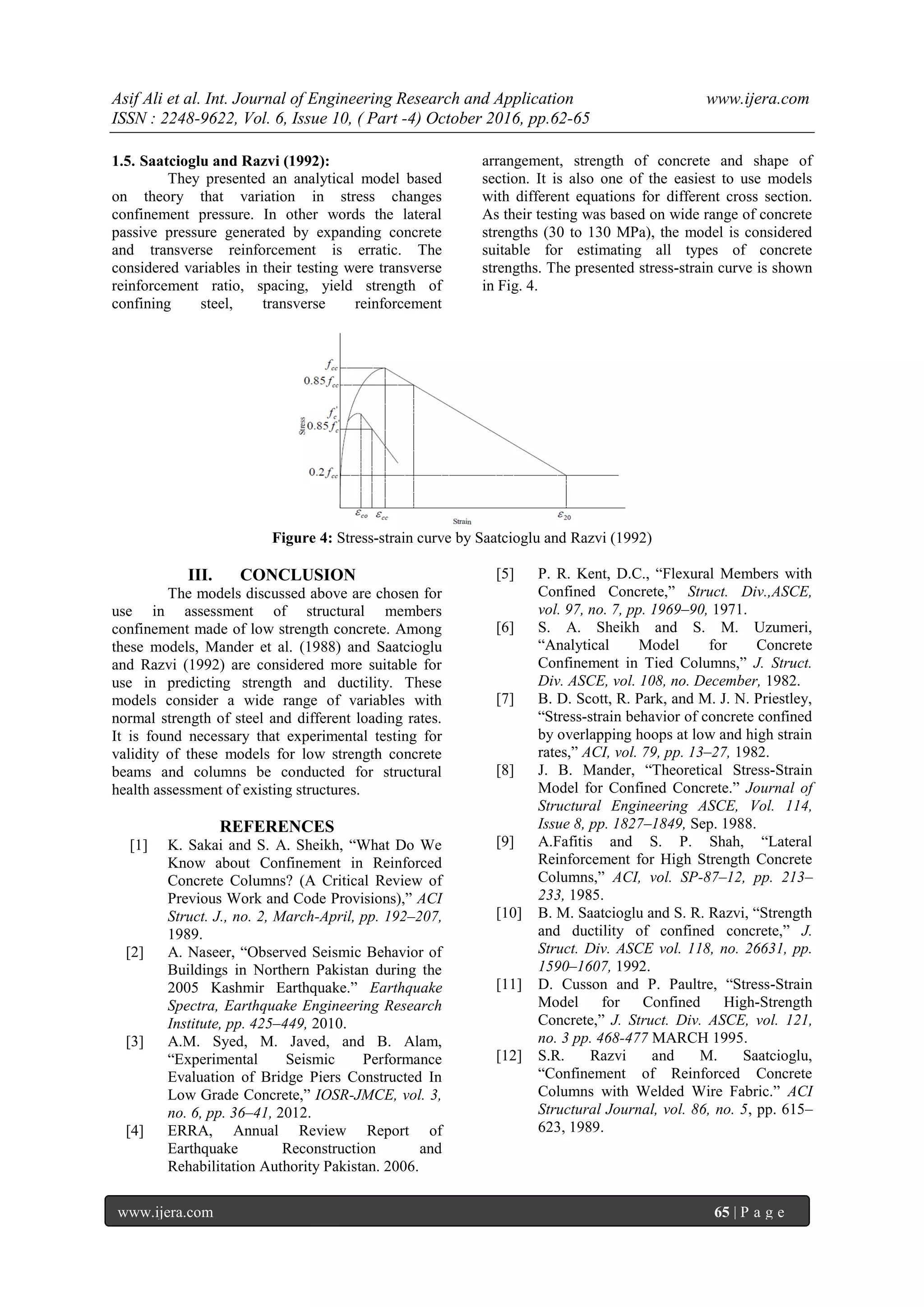 Assessment Of Methods For Development Of Confinement Model Of Low Strength Reinforced Concrete