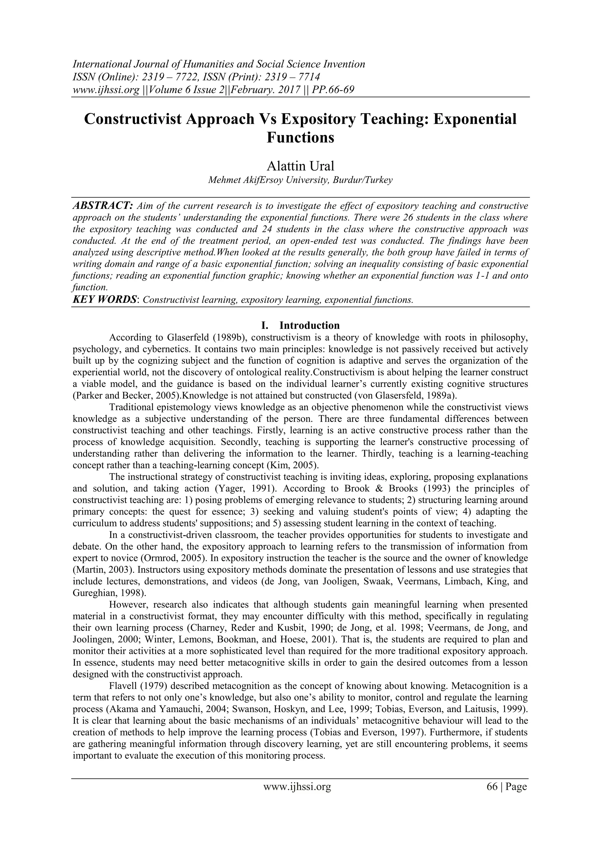 Constructivist Approach Vs Expository Teaching: Exponential Functions | PDF