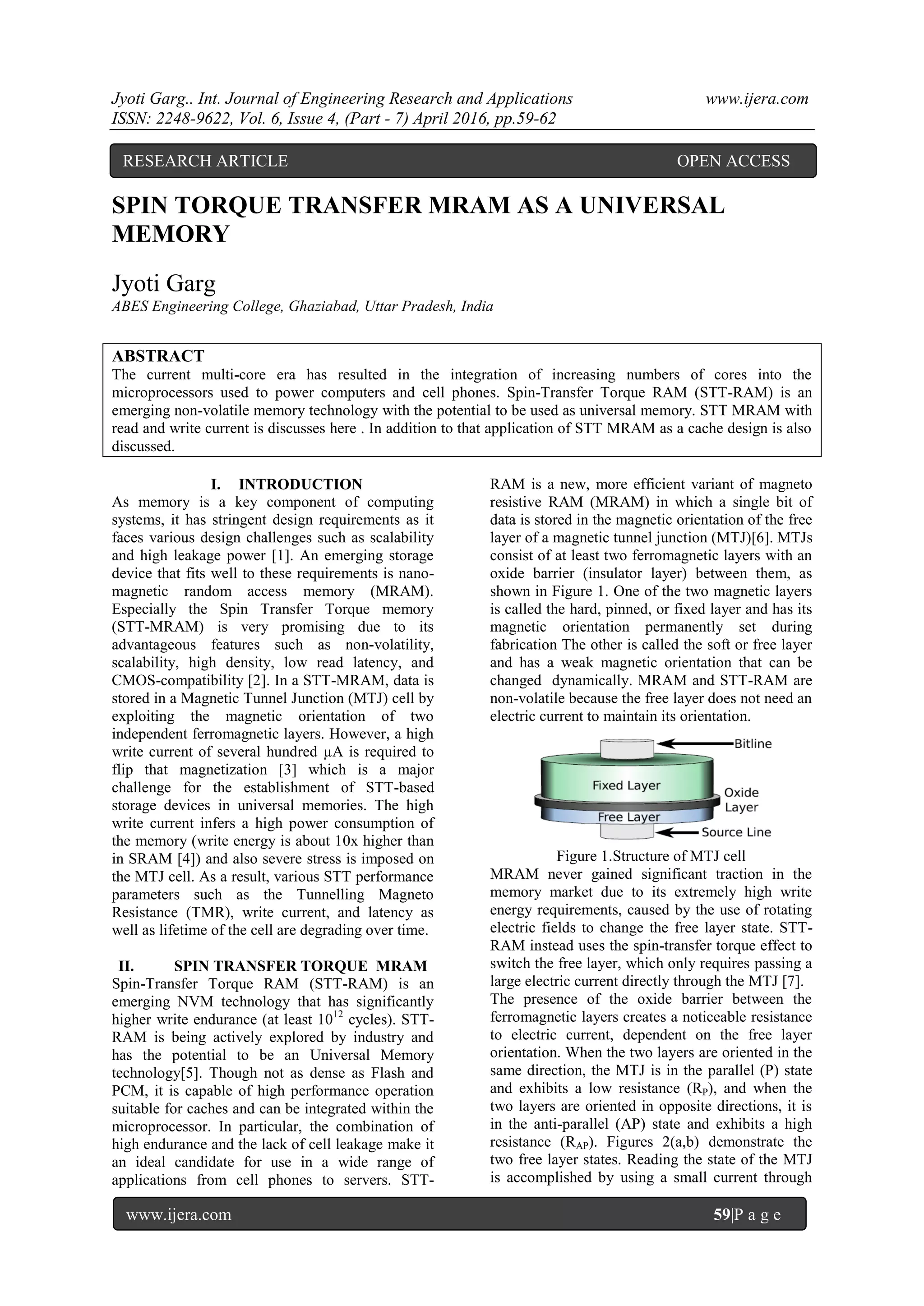 SPIN TORQUE TRANSFER MRAM AS A UNIVERSAL MEMORY | PDF