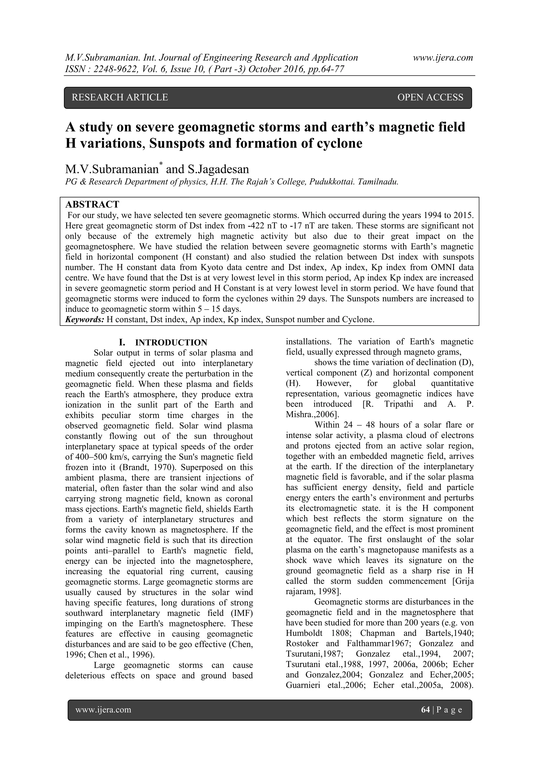 A study on severe geomagnetic storms and earth’s magnetic field H ...
