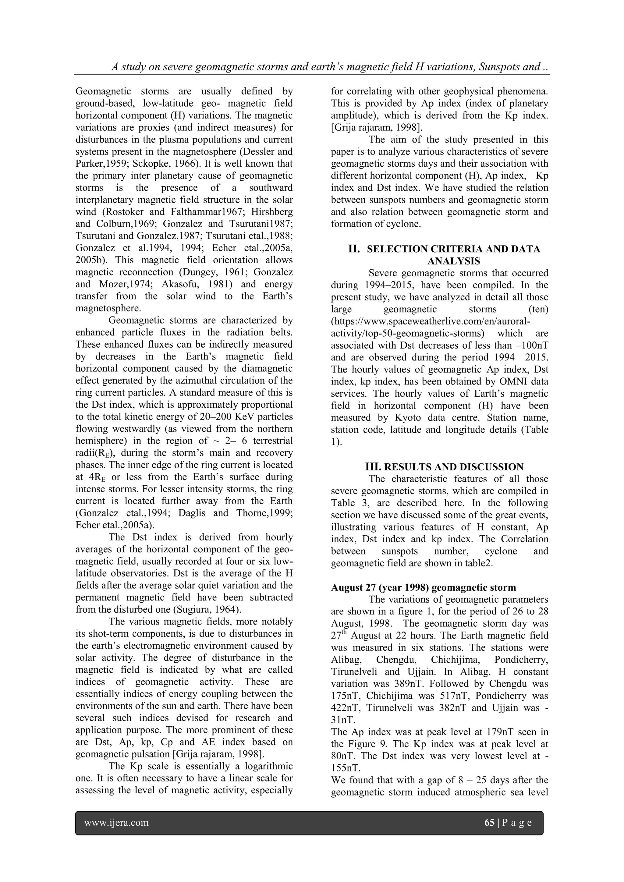 A study on severe geomagnetic storms and earth’s magnetic field H ...